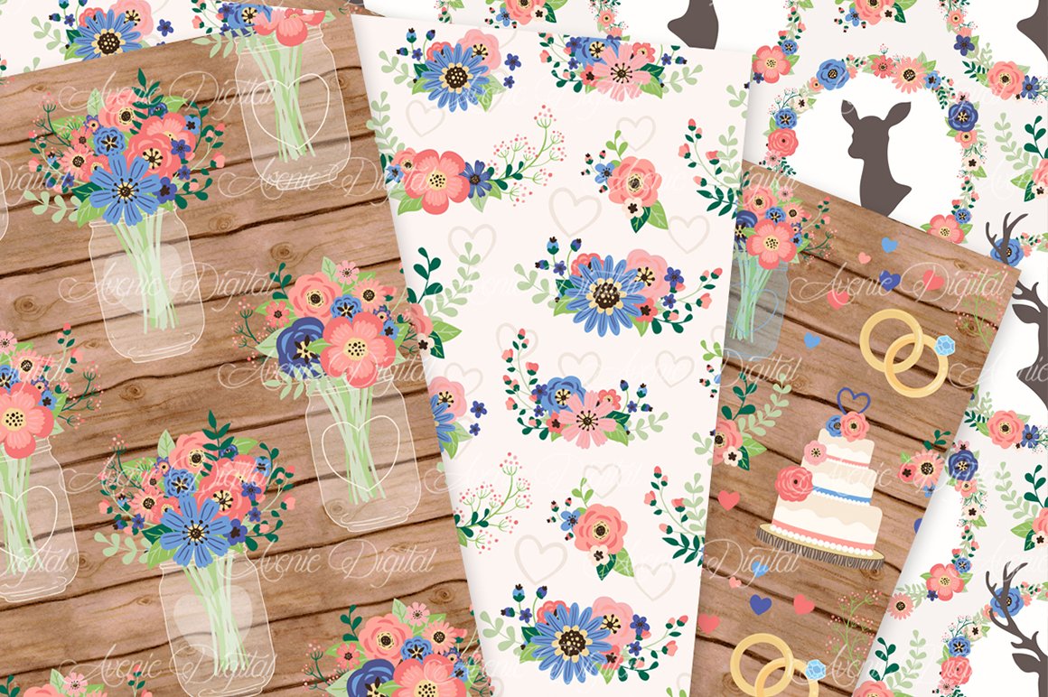 Coral and Navy Wedding Digital Paper - Navy and Pink Rustic Wedding ...