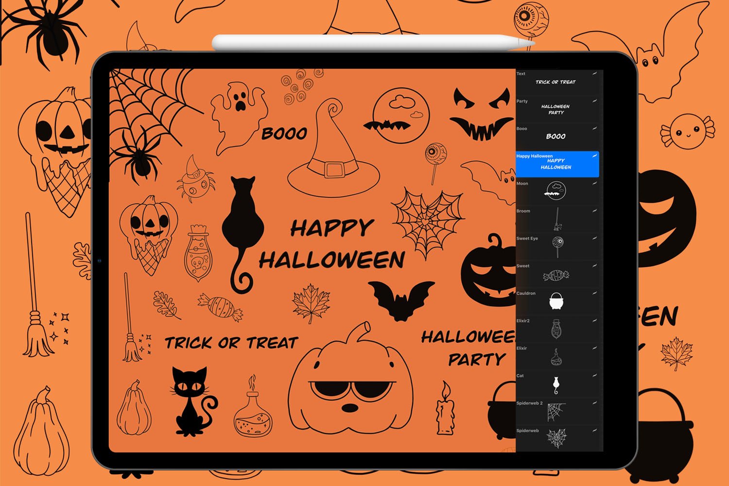 Set Of 31 Halloween Procreate Stamps (937106) | Procreate | Design Bundles
