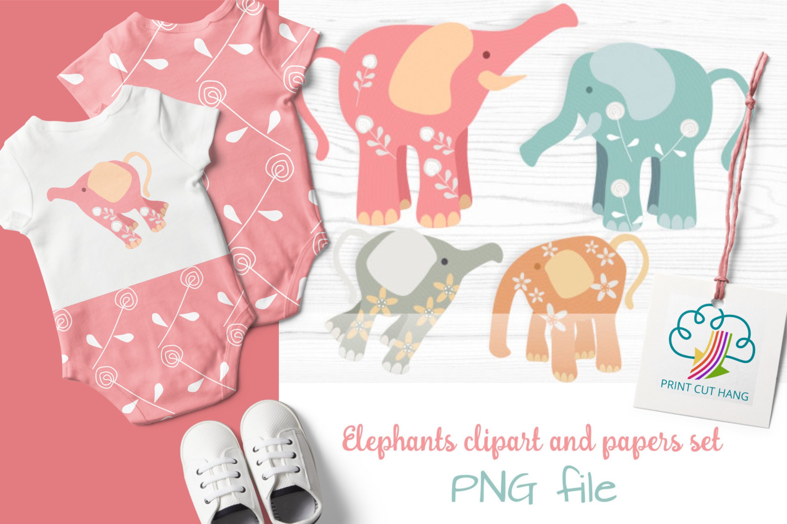 Elephants ClipArt and Matching Color Digital Papers PNG file
