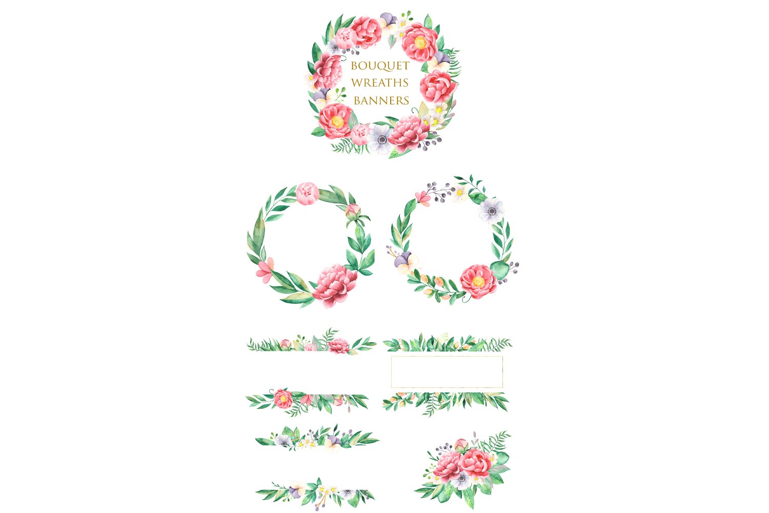 Peonies watercolor clipart. Peony wreaths, frames, patterns (311035 ...