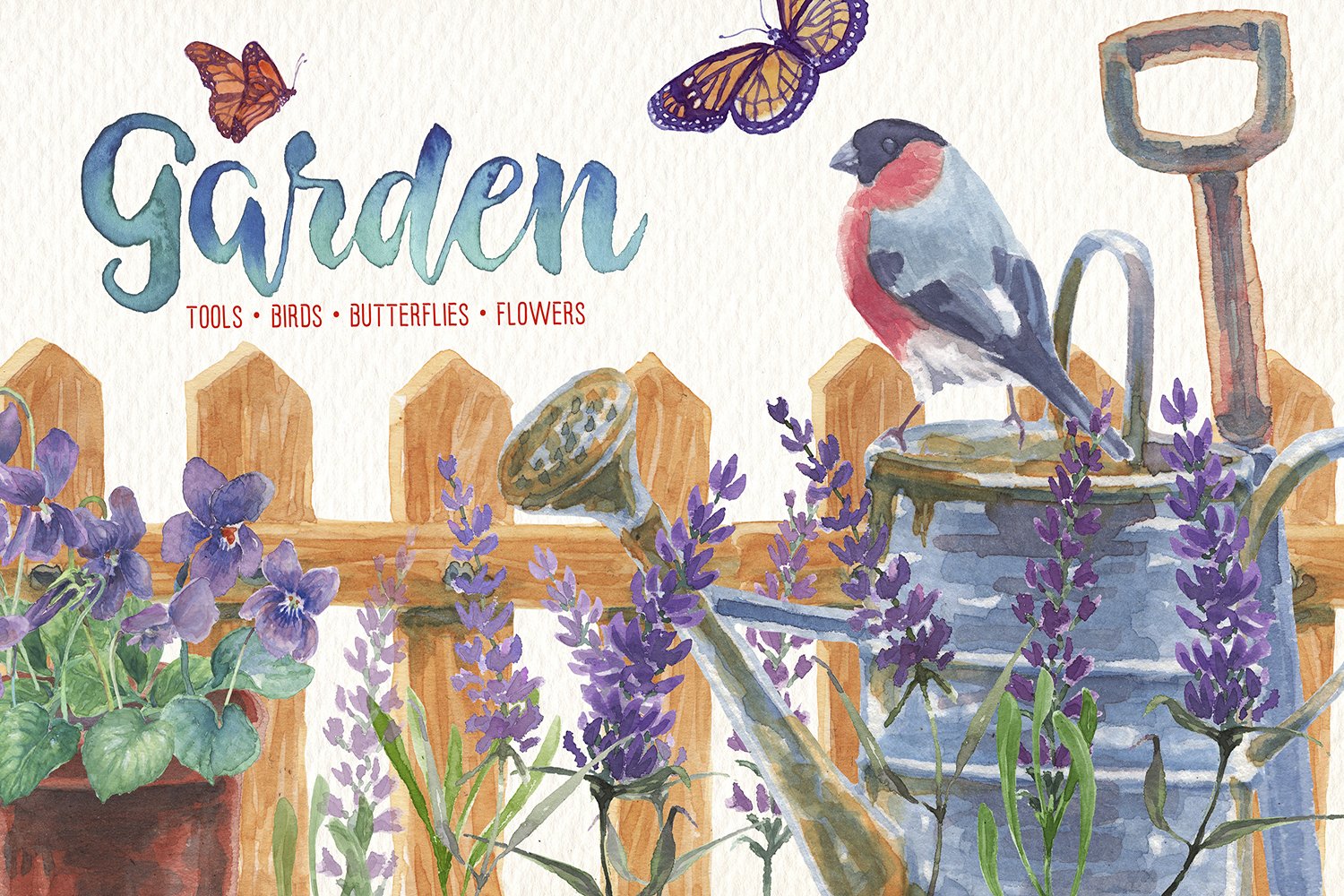watercolor in the garden clip art (77789) | Illustrations | Design Bundles
