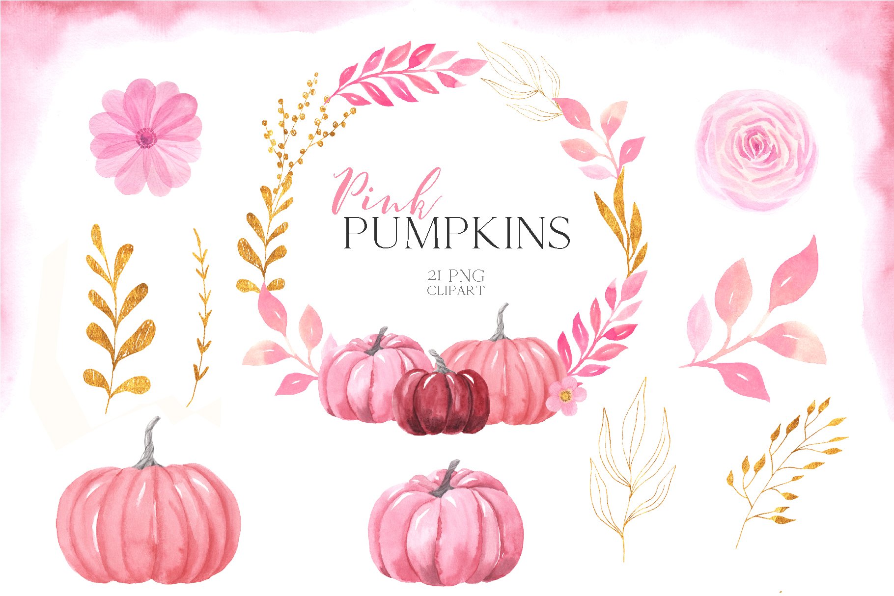 Watercolor Pink Pumpkins Clipart (879090) | Illustrations | Design Bundles