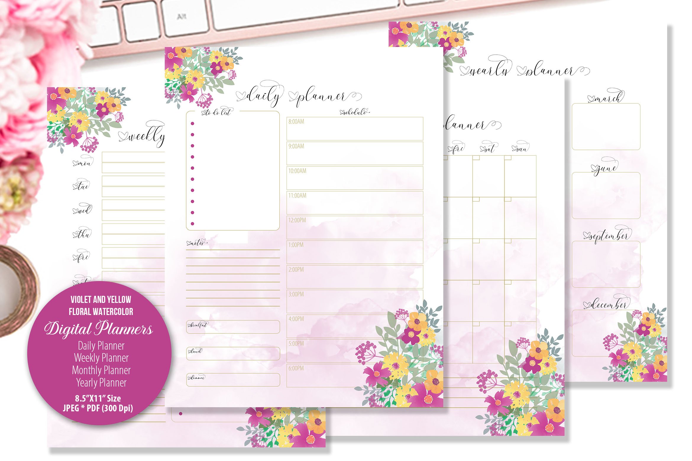 Violet and Yellow Floral Watercolor Digital Planner