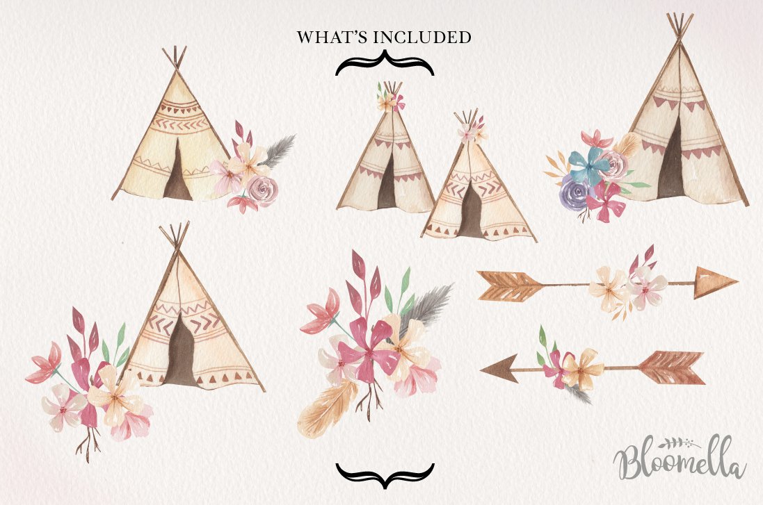 TeePee Flowers 6 Bouquets Watercolor Florals Feathers Arrows