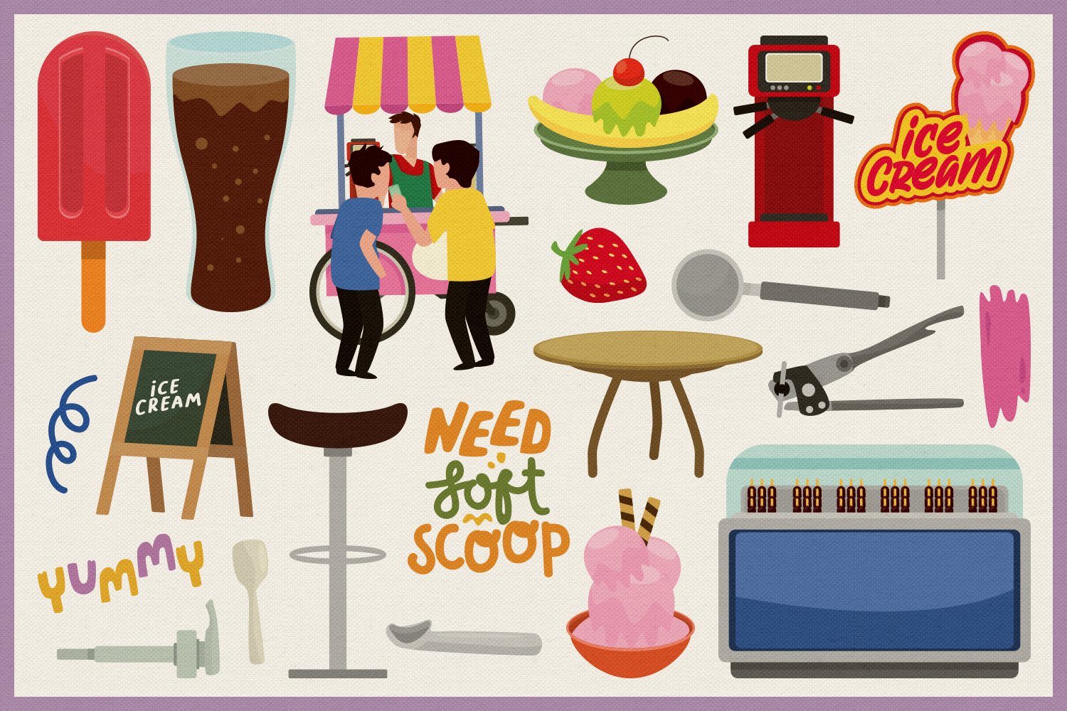 Ice Cream Shop Vector Clipart and Seamless Pattern