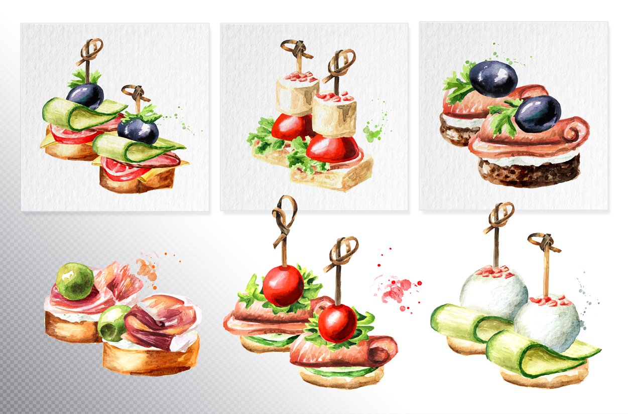 Canapes buffet. Watercolor set (305844) | Illustrations | Design Bundles