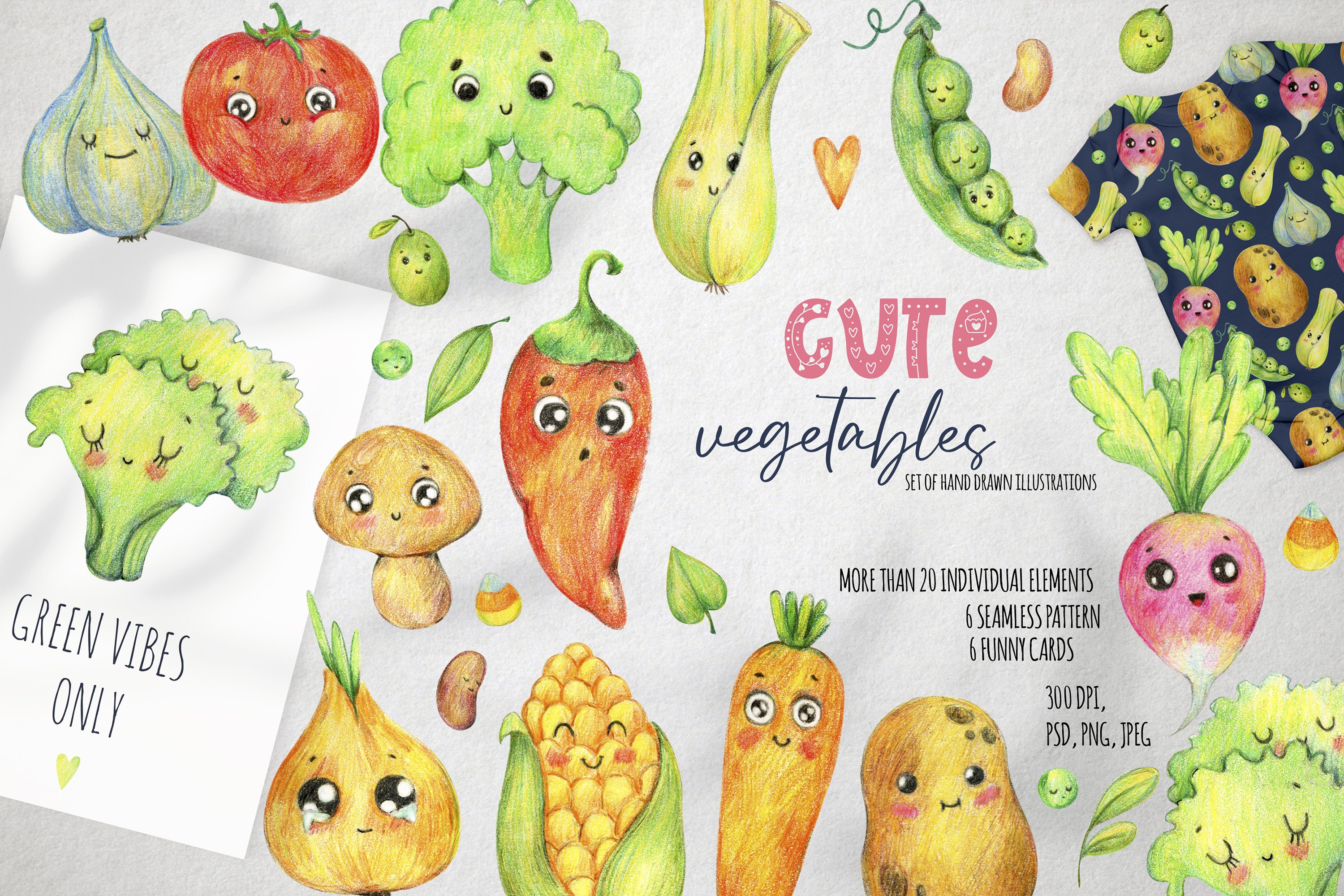 Cute vegetables clipart. Digital paper set (1312881) | Illustrations ...