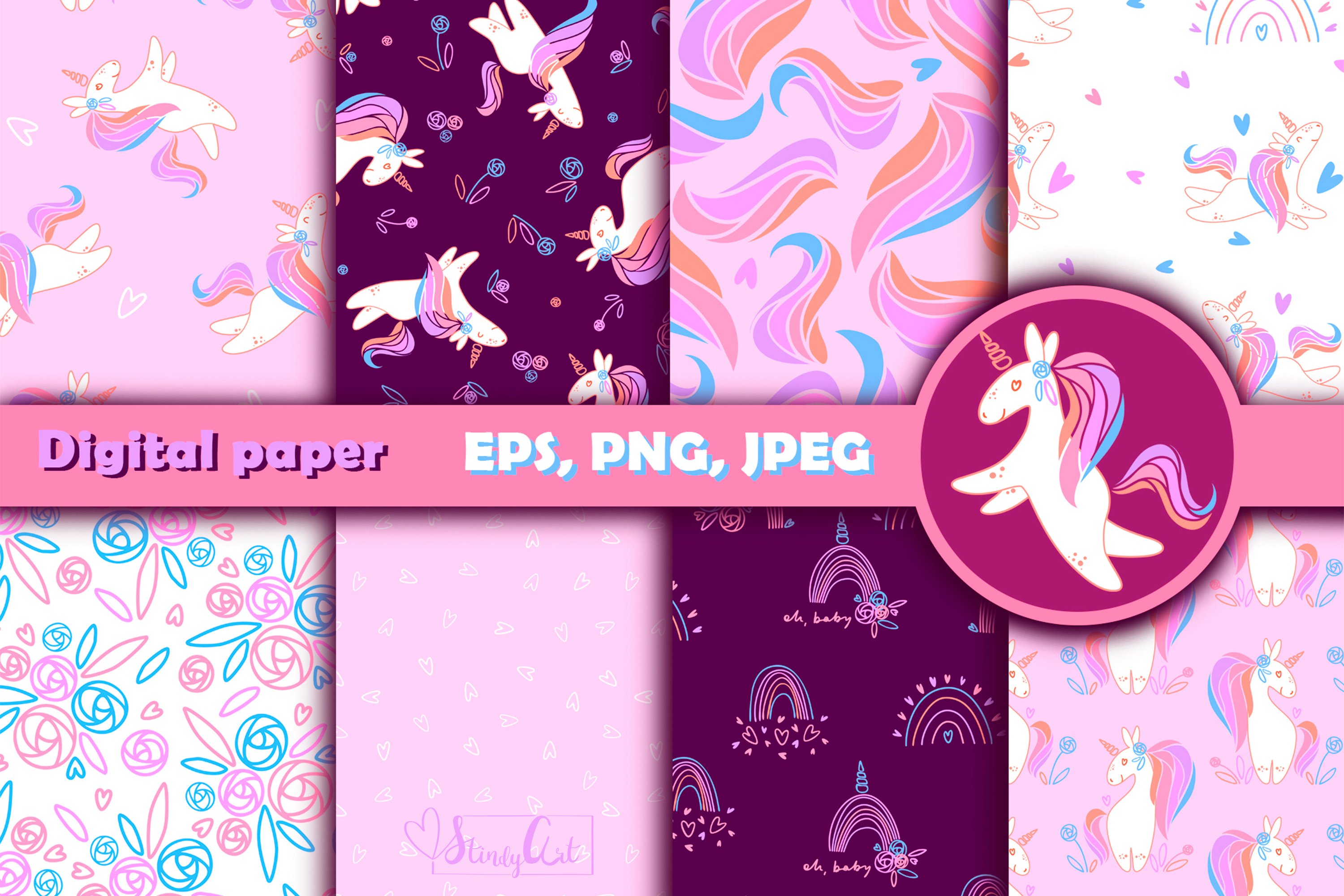 Unicorn digital paper with rainbows, flowers, hearts
