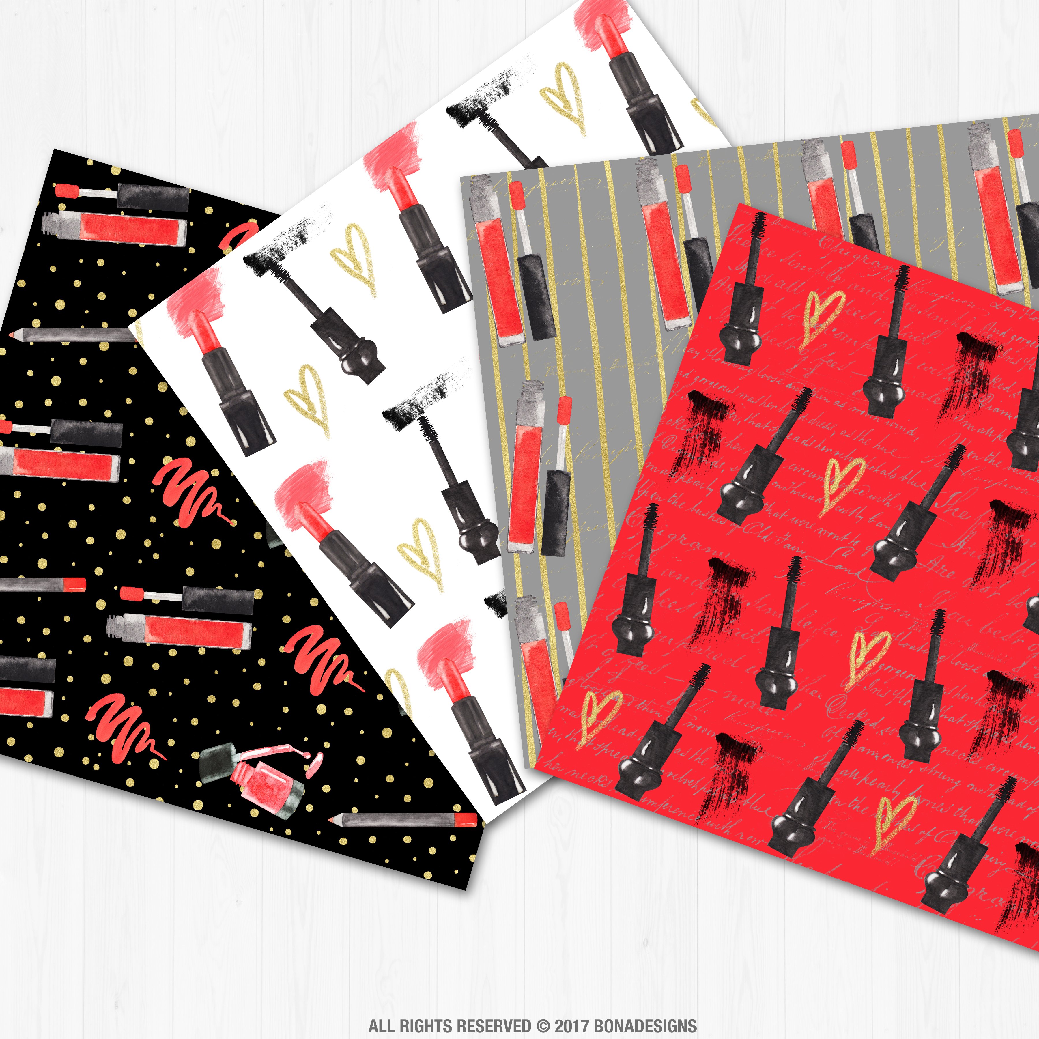 Fashion Makeup Digital Paper, Watercolor Cosmetic Patterns (92542 ...