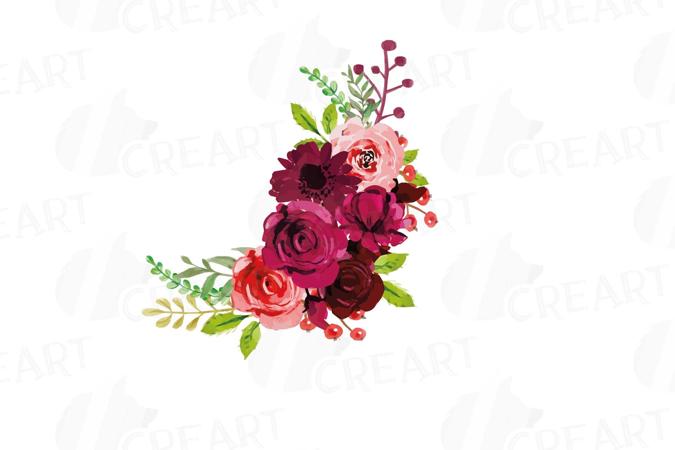 Boho Burgundy Red Watercolor clip art, floral bouquets png (145163 ...
