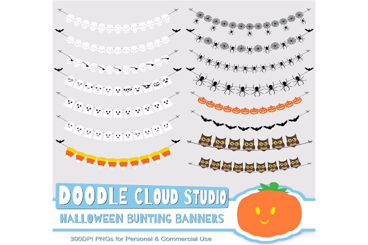 Halloween Bunting Banners Cliparts Pack, Owls, Ghosts, Bats, Pumpkin ...