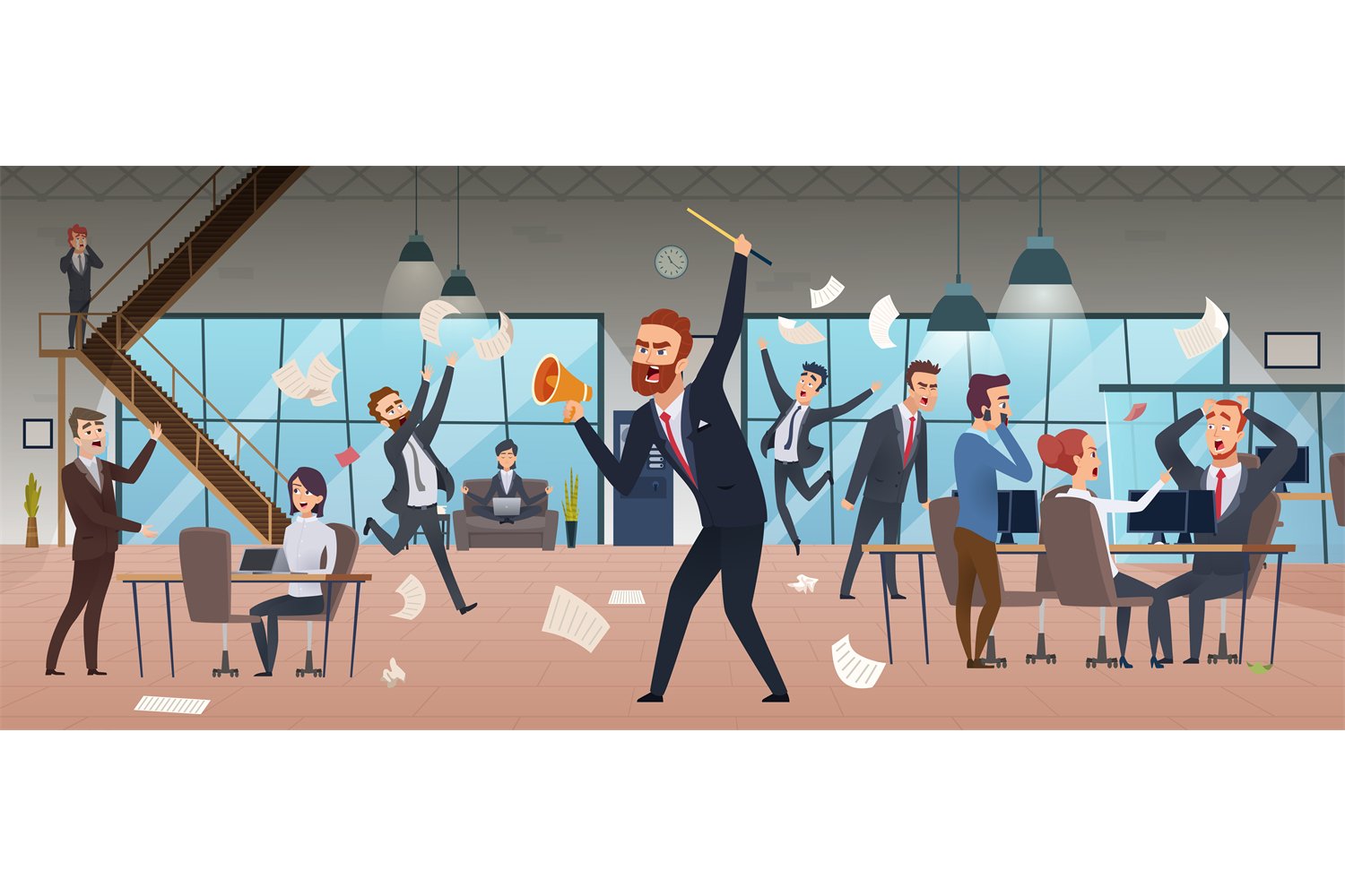 Angry boss. Businessman screaming in office chaos deadline s (1332476 ...