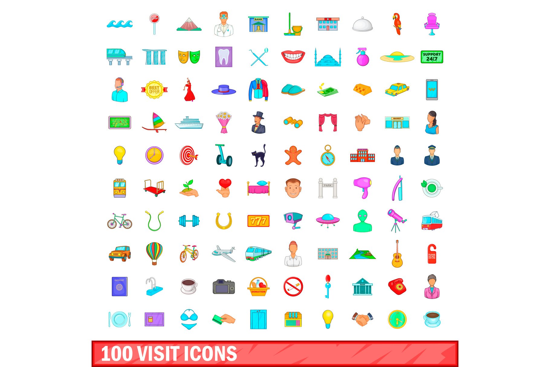 100 visit icons set, cartoon style (309113) | Icons | Design Bundles
