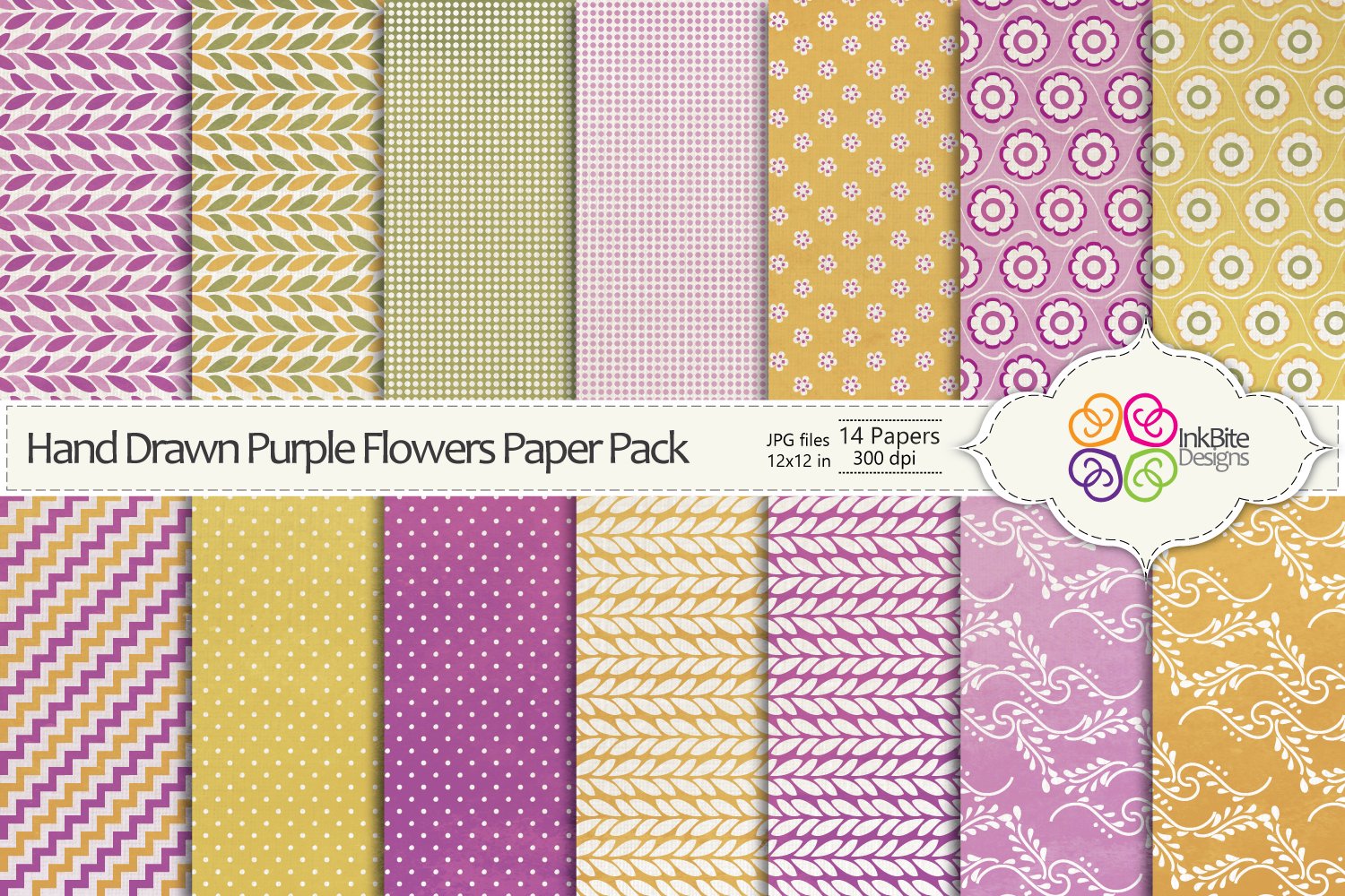 Hand Drawn Purple Flowers Paper Pack (101618) | Backgrounds | Design ...