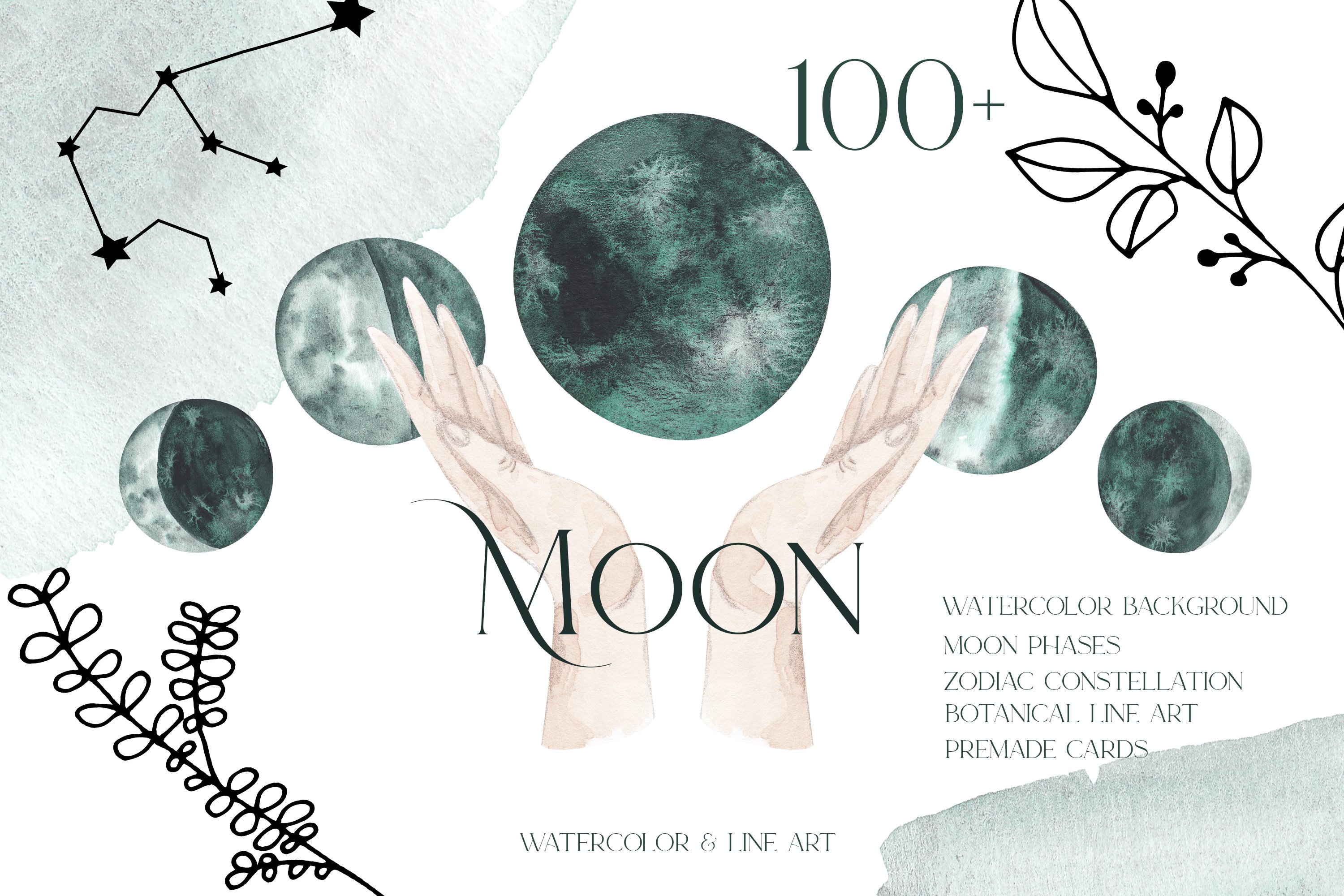 Watercolor Moon Phases PNG and botanical line art PNG (1800078 ...