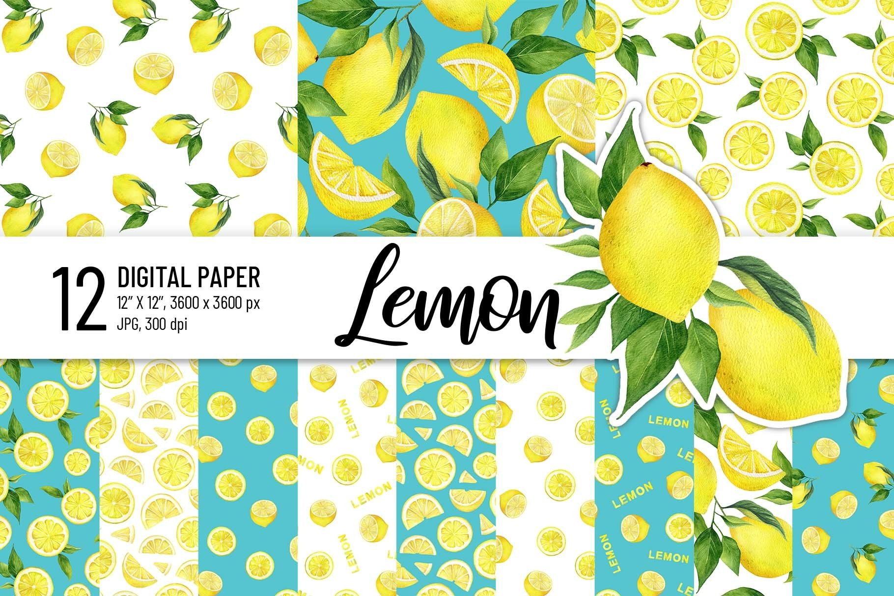 300DPI Watercolor Lemons Scrapbook Seamless Digital Design Materials ...