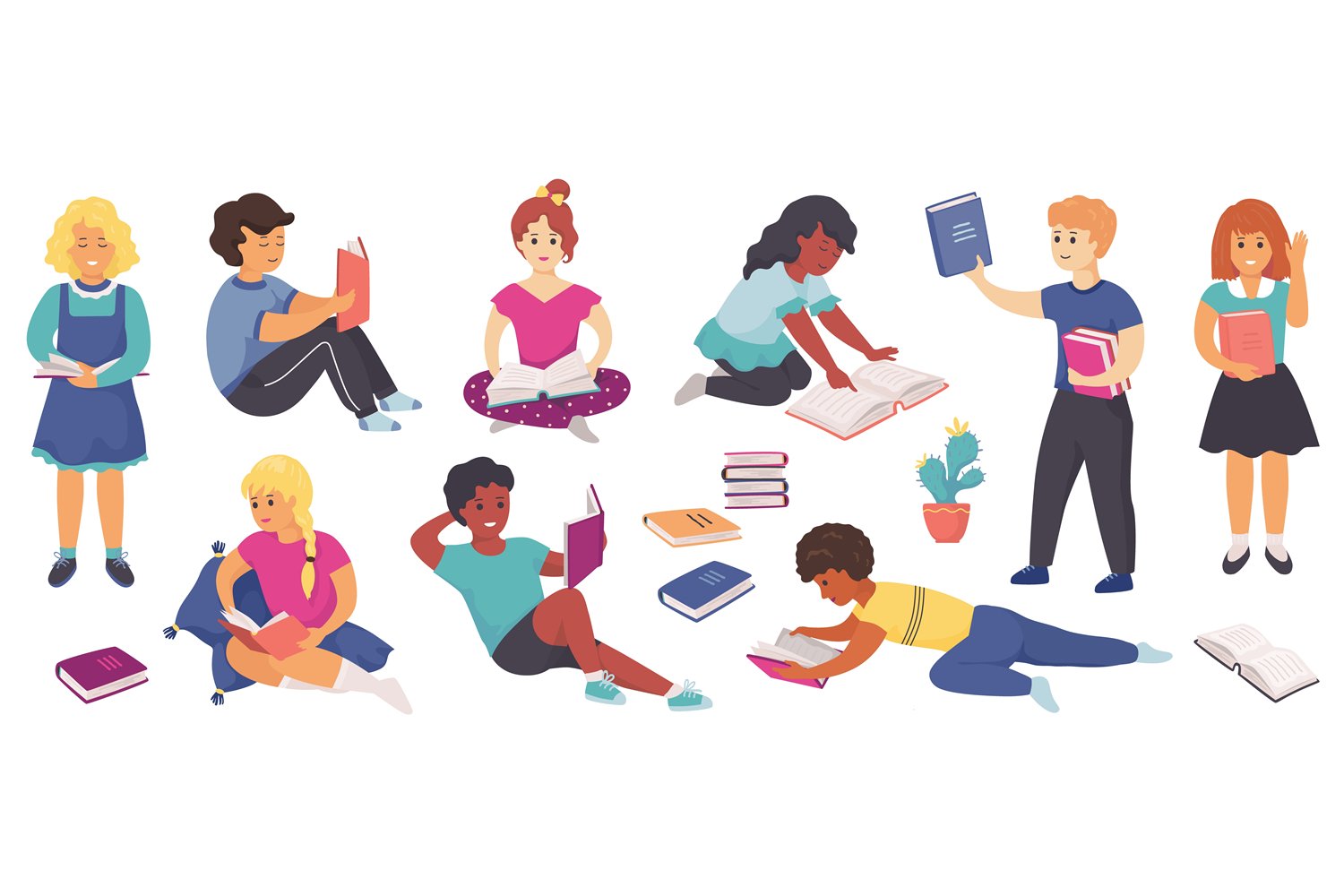 Reading children. Cartoon school kids characters standing an (1791480 ...
