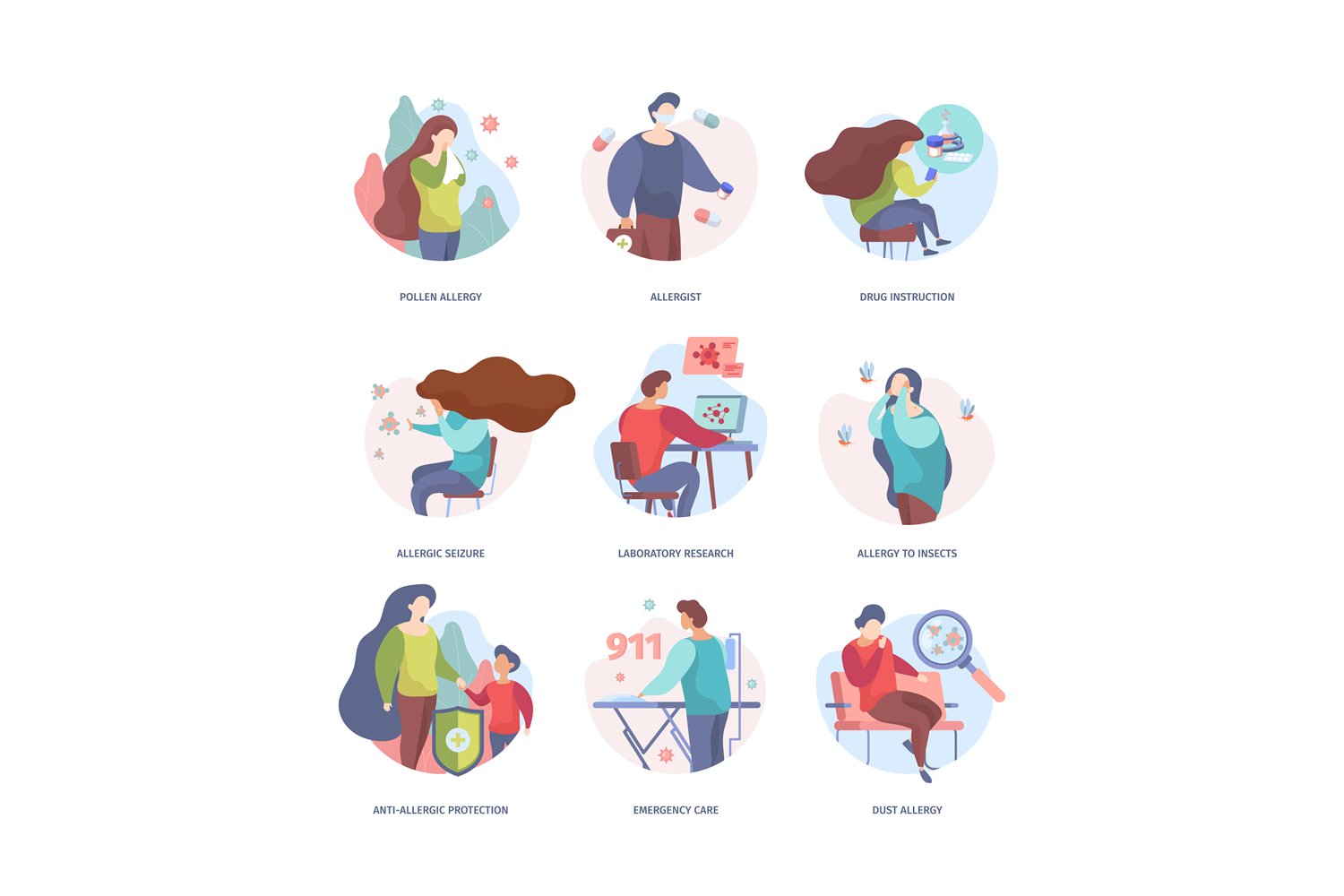 Sneezing allergies. Sickness characters season medical respi