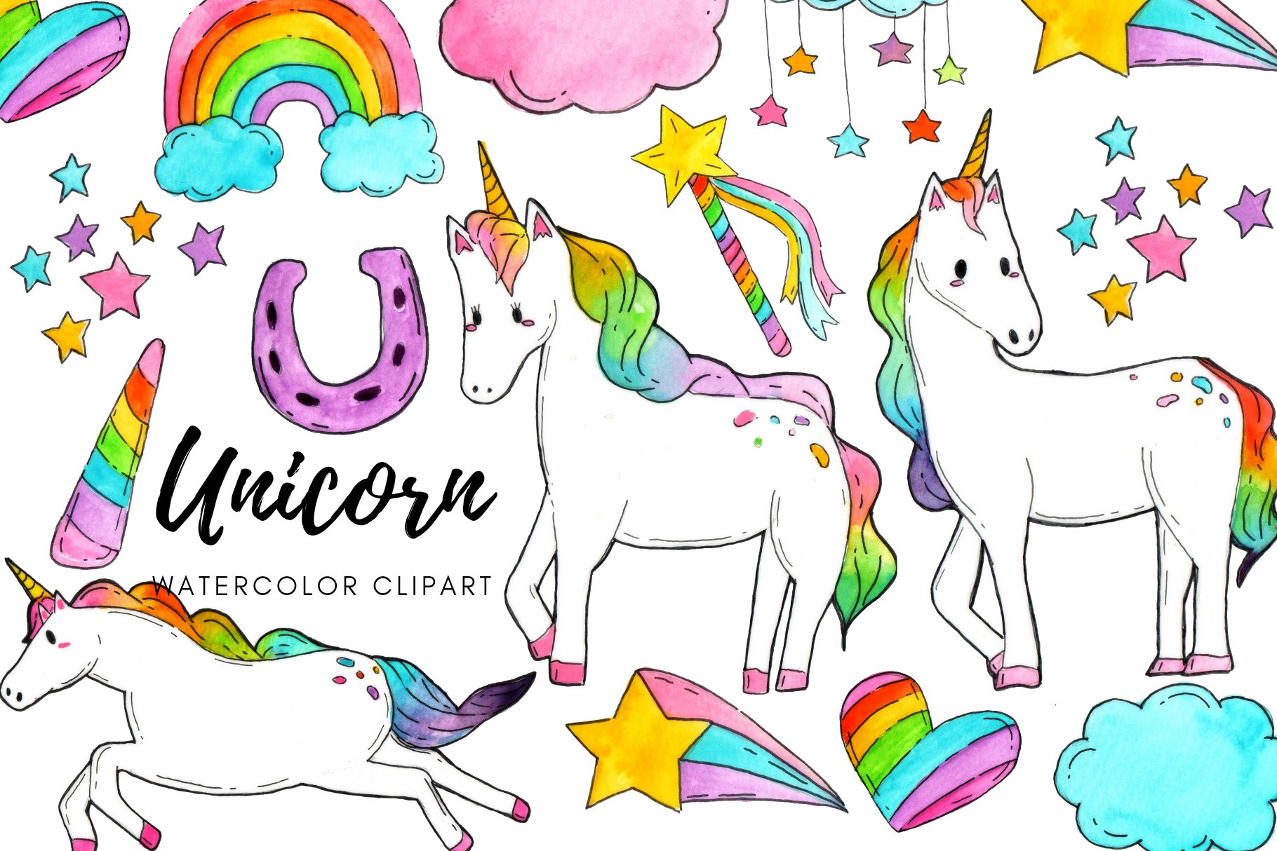 Watercolor magical rainbow unicorn clipart