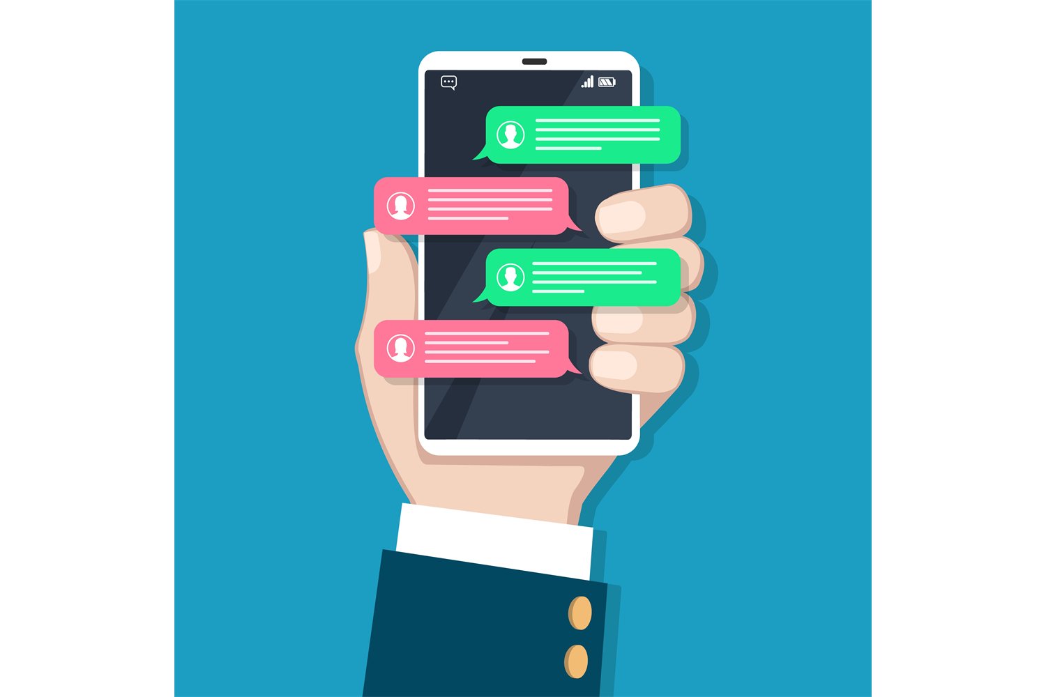 Text messaging in phone hand (1247650) | Illustrations | Design Bundles