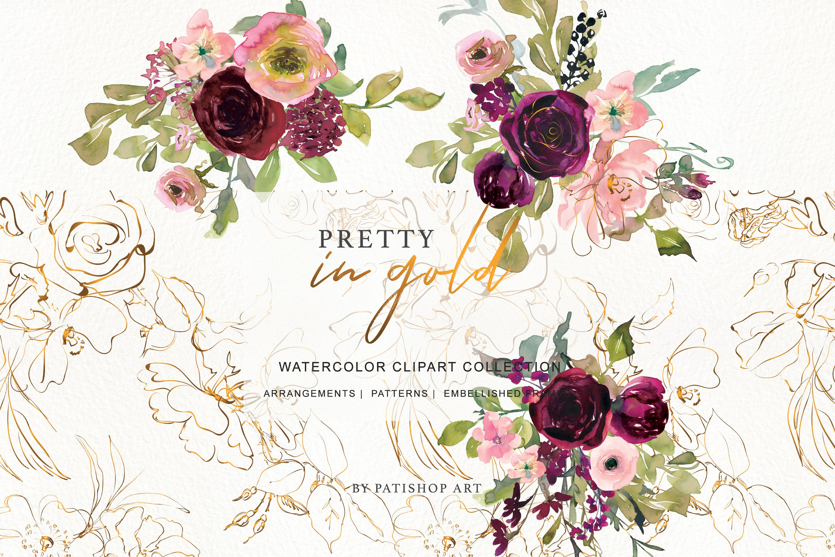 Watercolor Burgundy Blush and Gold Floral Bouquet Clipart (226811 ...