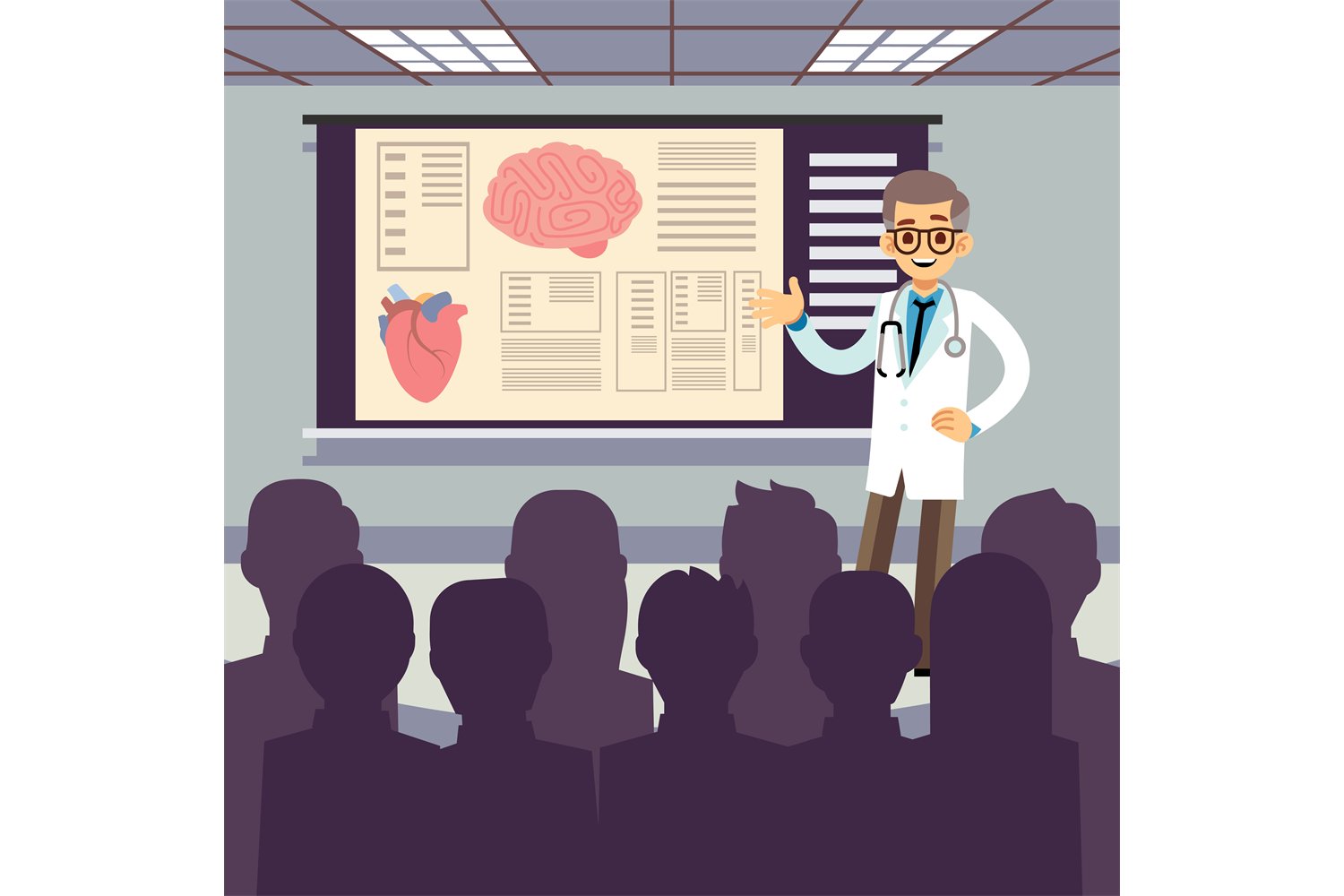 Medical conference vector illustration. Smiling doctor makes (1026159 ...