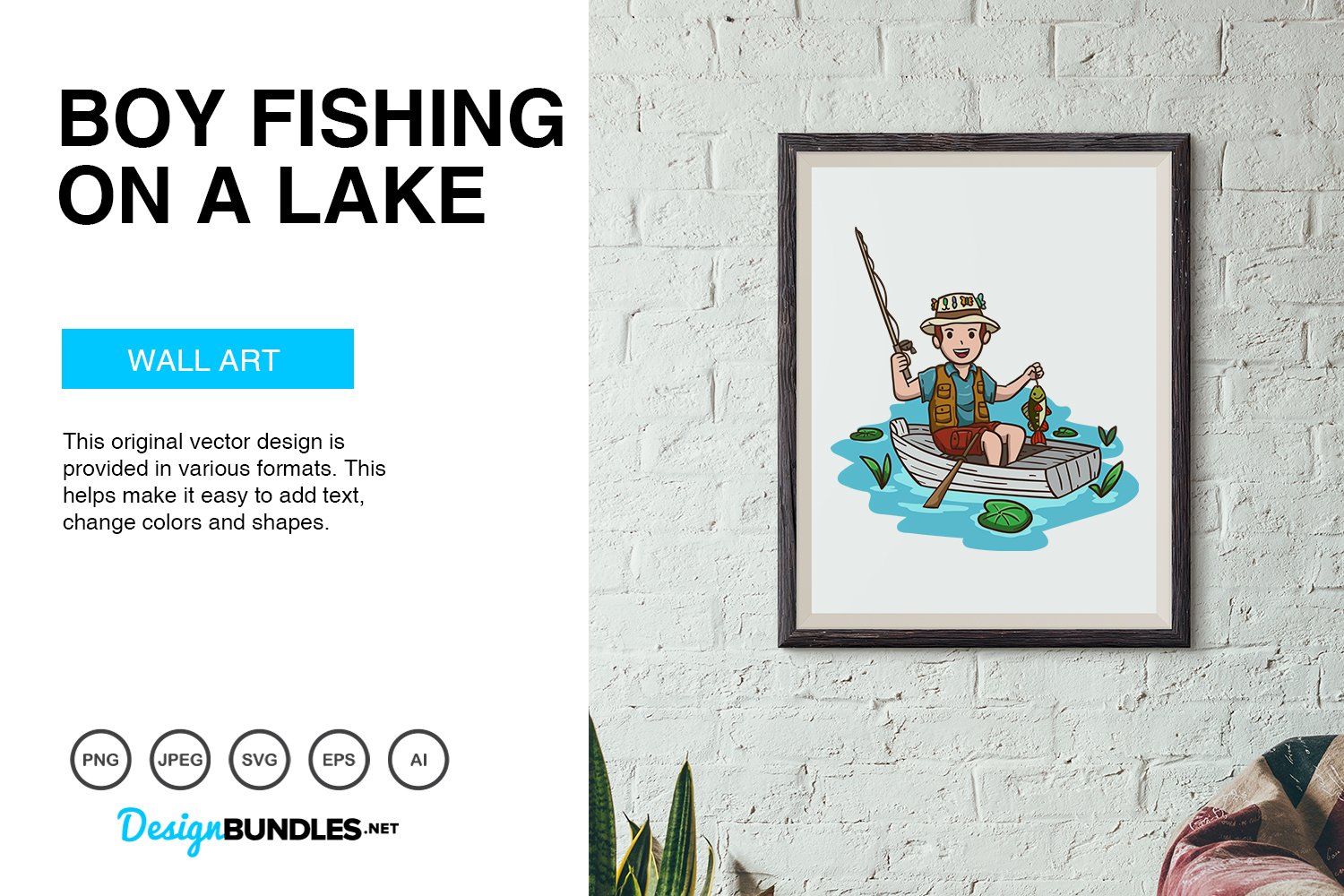 Boy Fishing on Lake Vector Illustration