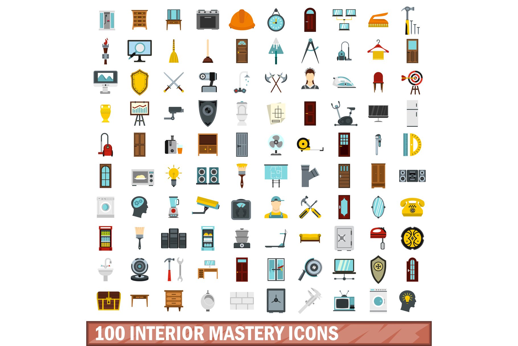 100 interior mastery icons set, flat style (356633) | Icons | Design ...