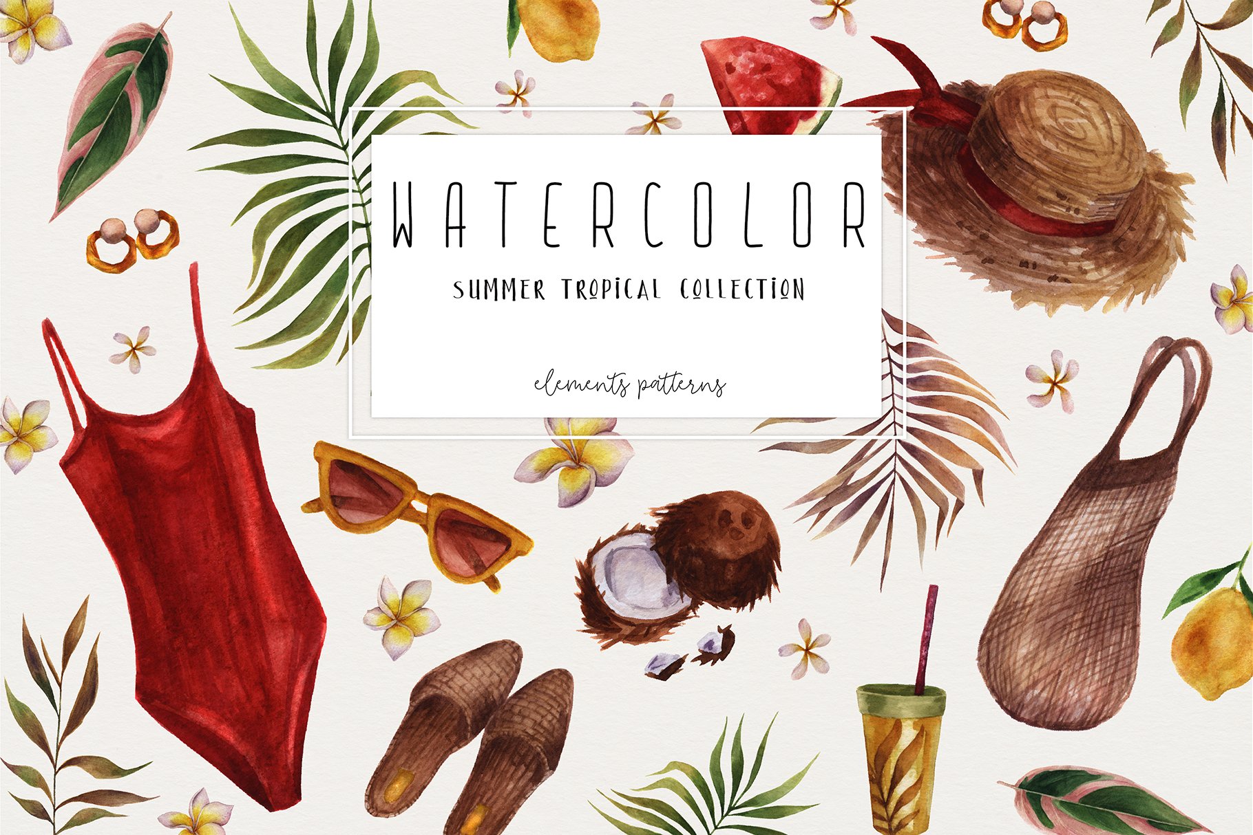 Watercolor summer tropical set