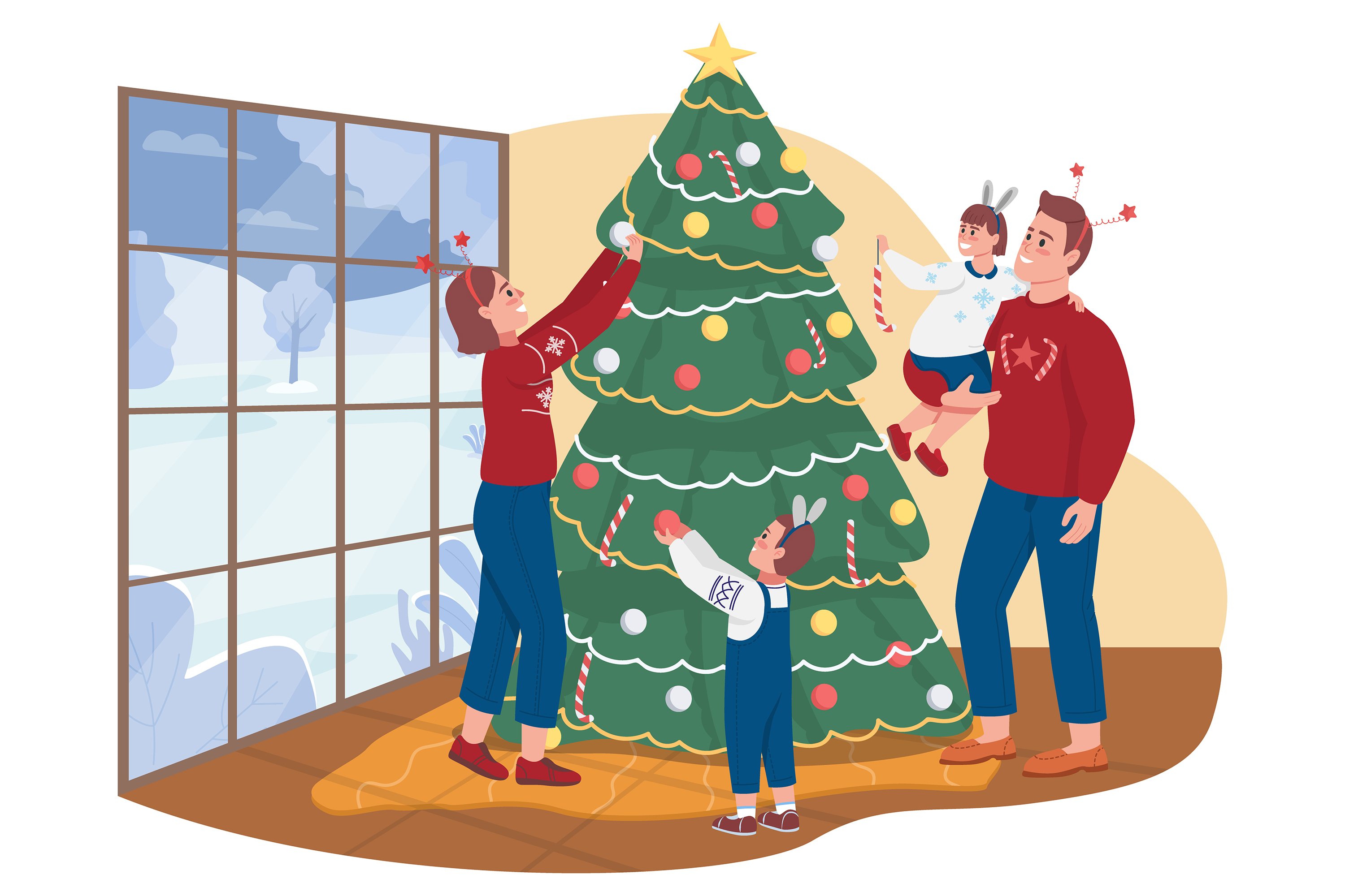 People Decorating Christmas Tree