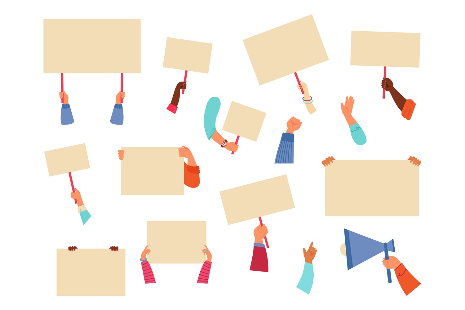 Hands hold placards. Hand sign, worker with blank protest ba (1774742 ...