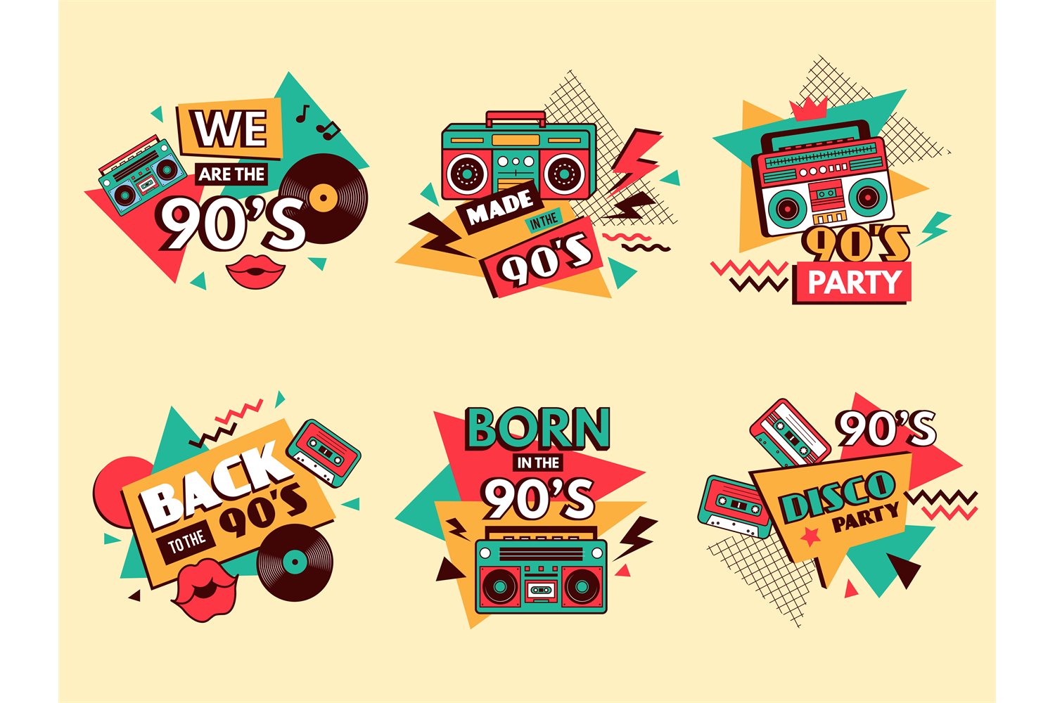 Retro 90s labels. Colored badges vintage old school style fa