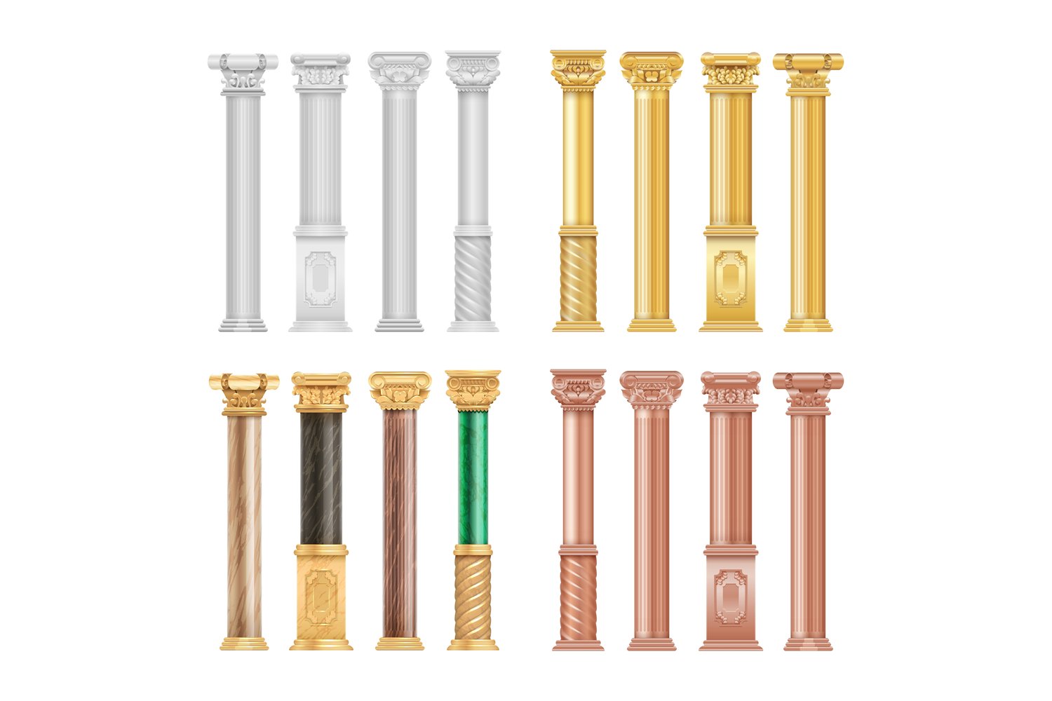 Gold white bronze columns. Realistic malachite stone and gol (1774958 ...