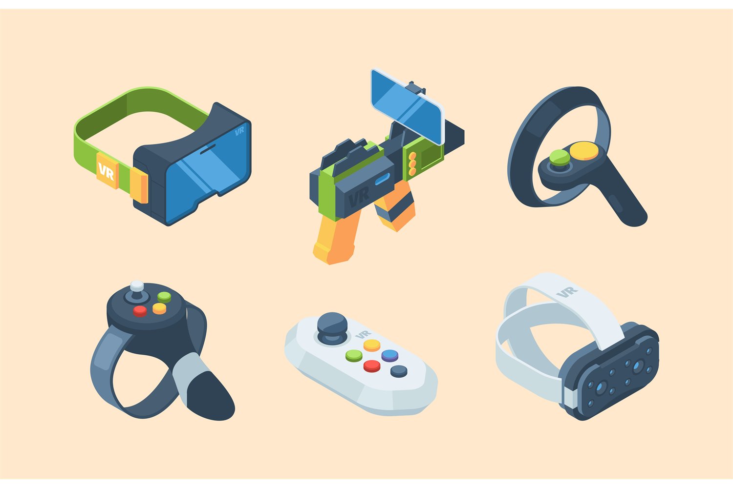 Isometric virtual reality. Vr gaming guns controllers video