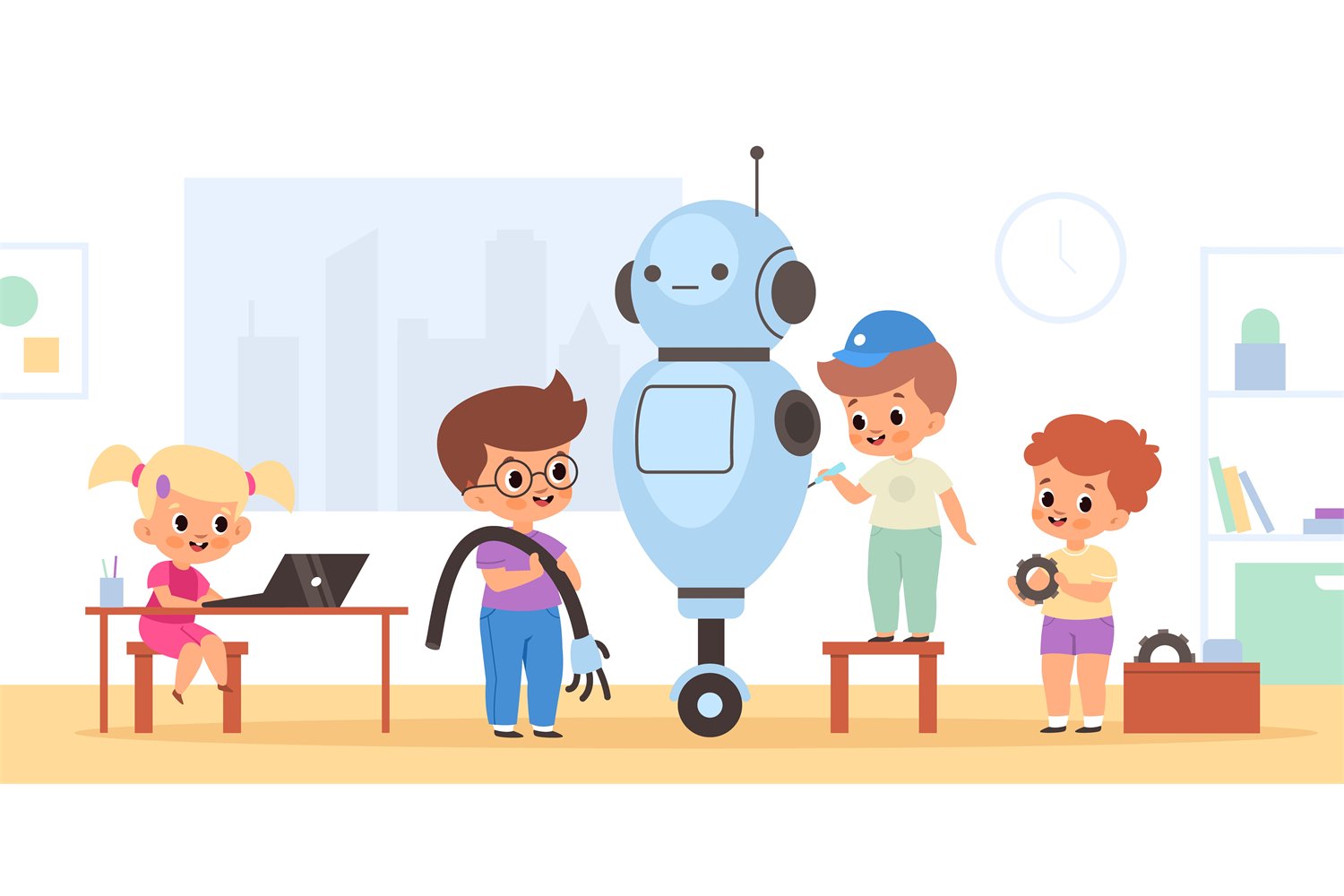 Kids robotics project. Young inventors assemble big electron (1423498 ...