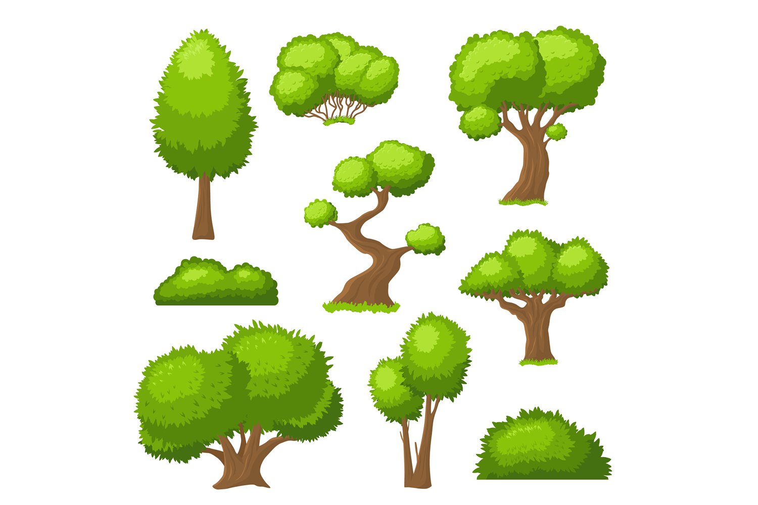 Cartoon tree and bush. Garden bushes, isolated shrubbery wit (1779248 ...