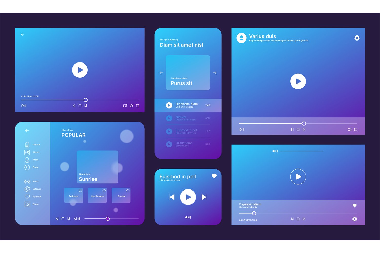 Audio player ui. Video media ux interface template app icons