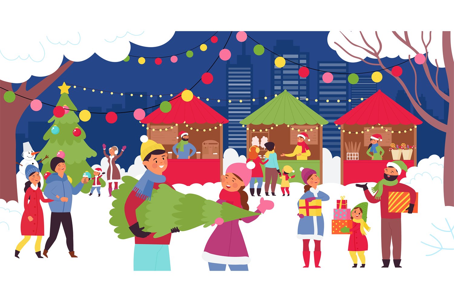 Christmas fair. Holiday food market, cartoon people buying w (1780450 ...