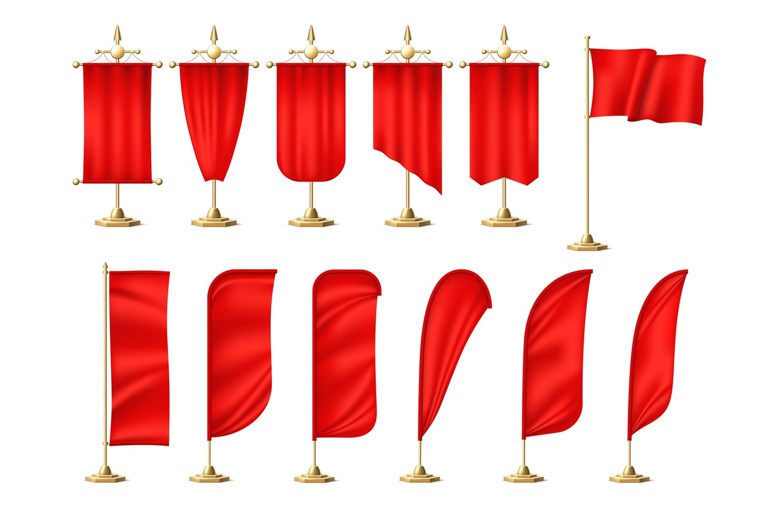Blank red flags. Realistic vertical signage and pennants on
