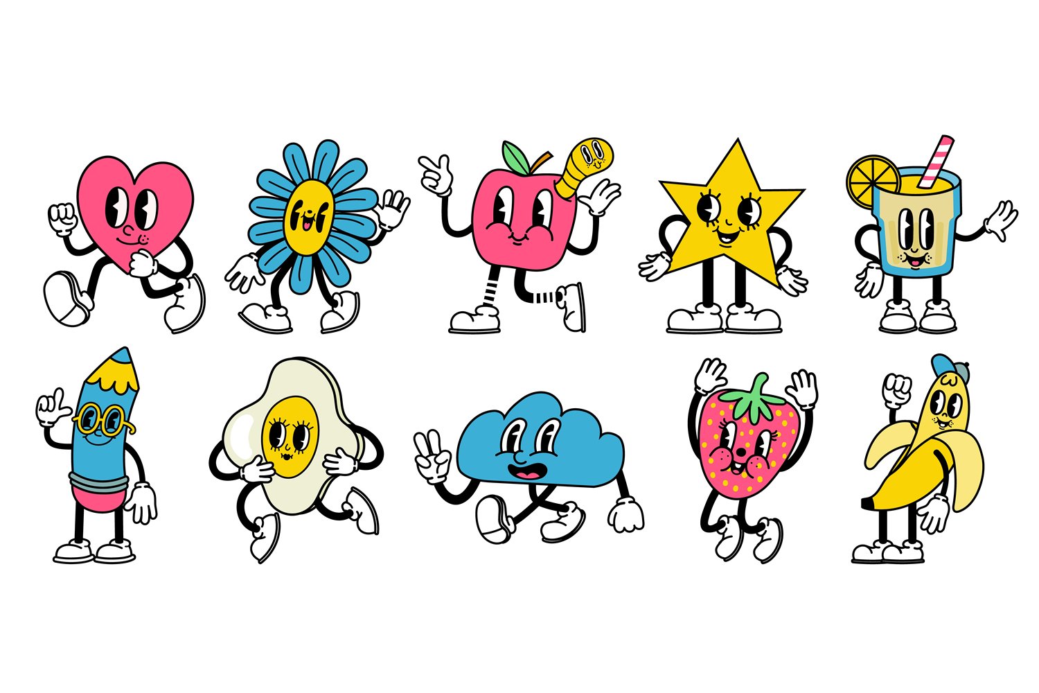 Trendy abstract cartoon characters in retro animation style.