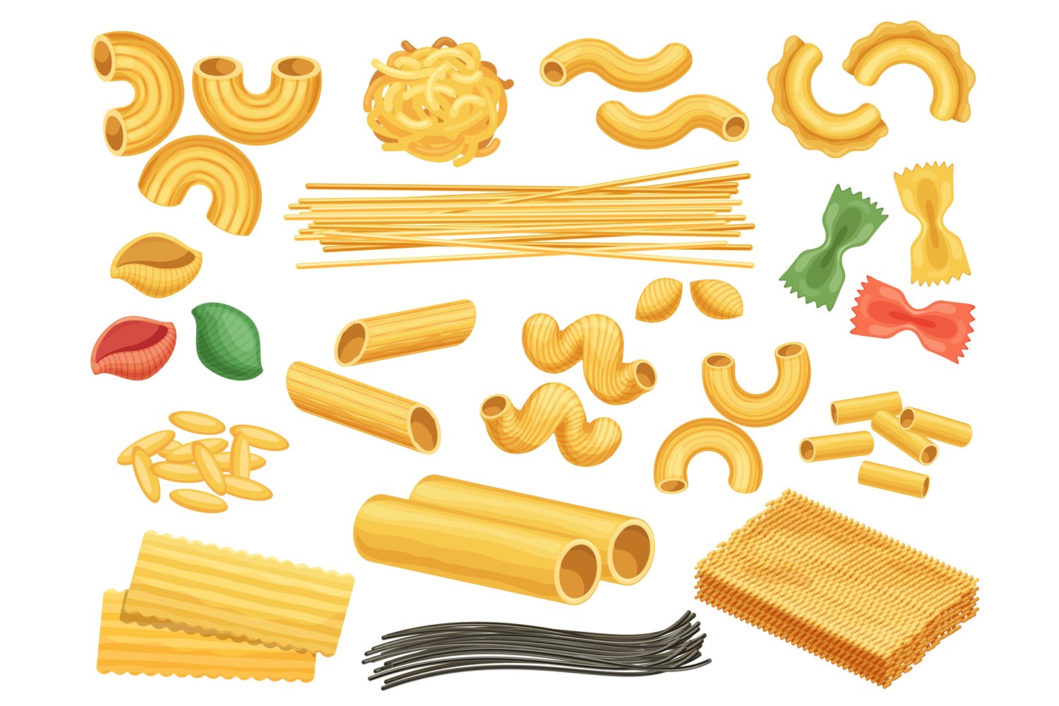 Cartoon wheat pasta products, noodles, fettuccine and black (1824475 ...