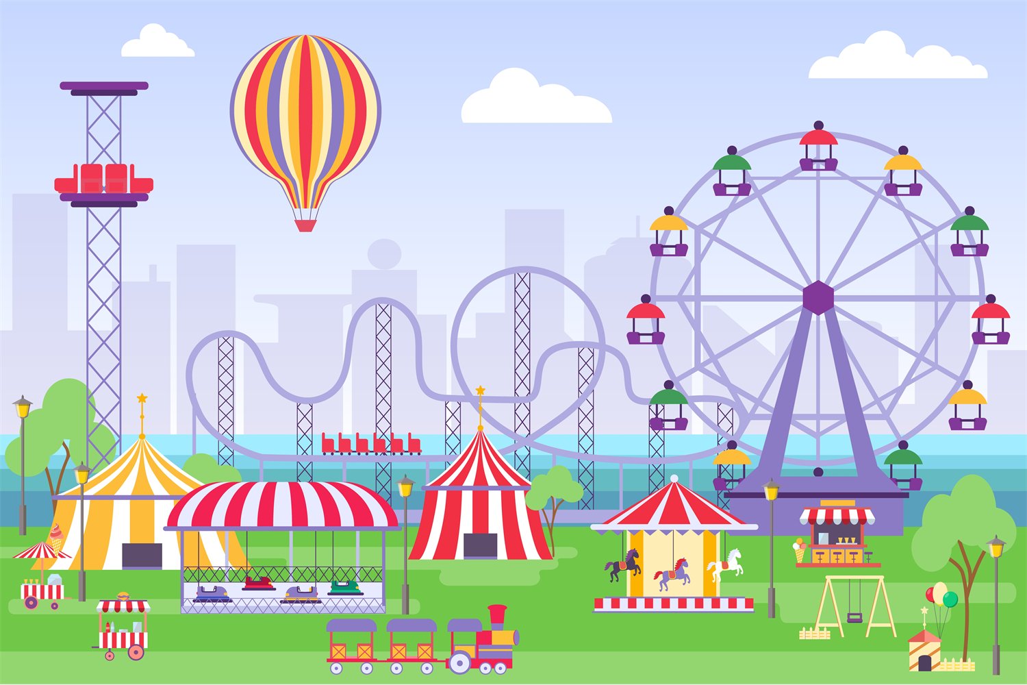 Amusement park landscape with ferris wheel, circus tents and (1777713 ...