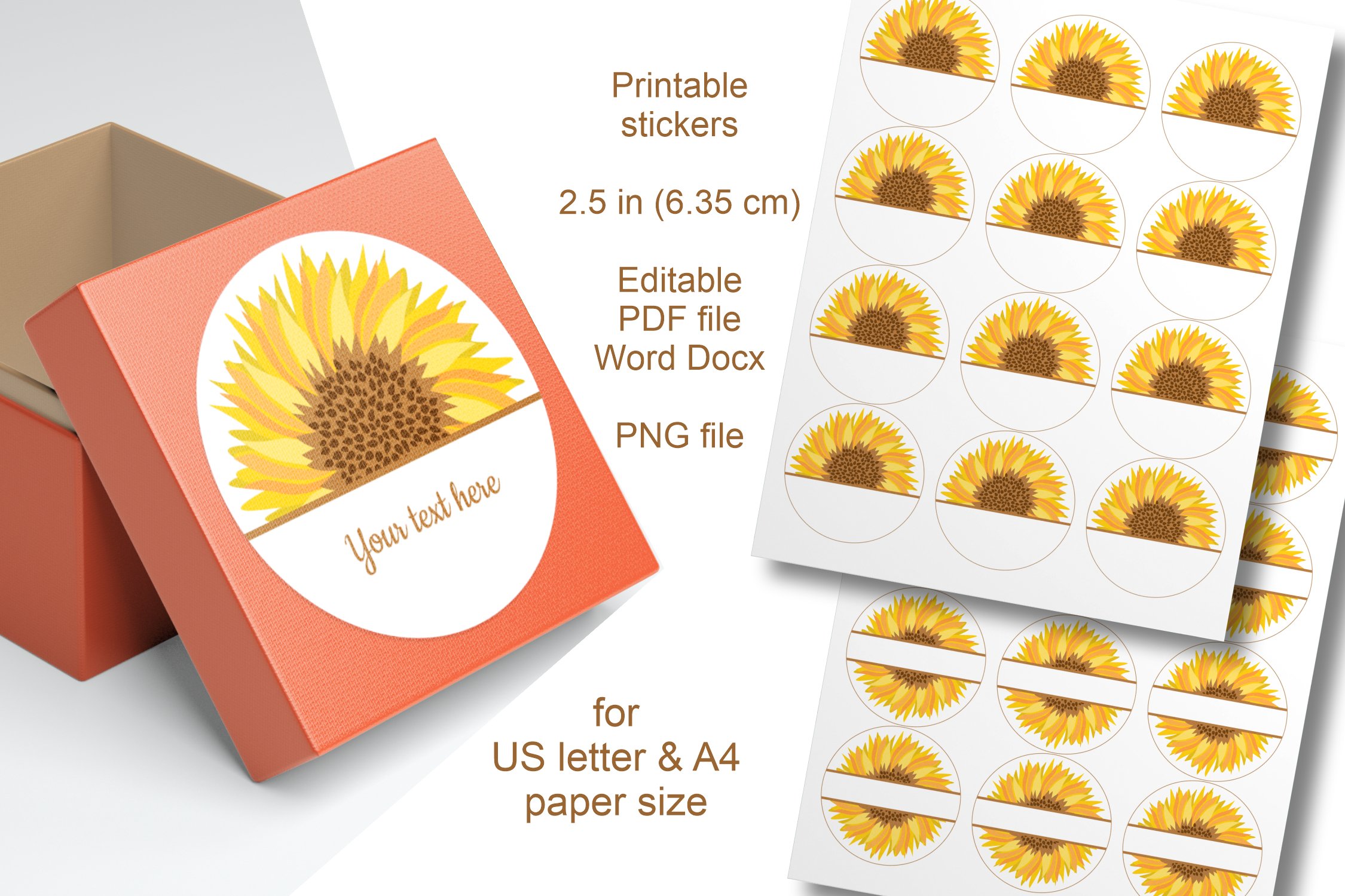 Sunflower Round Labels 2.5 in A4 US Editable Text