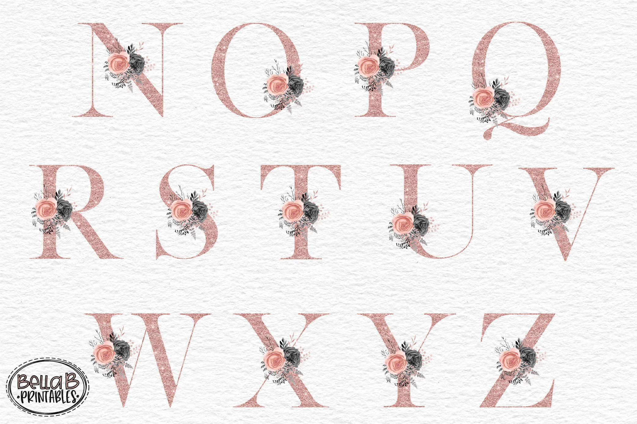 Rose Gold Glitter Floral Alphabet Set, Alphabet Clipart (356455 ...