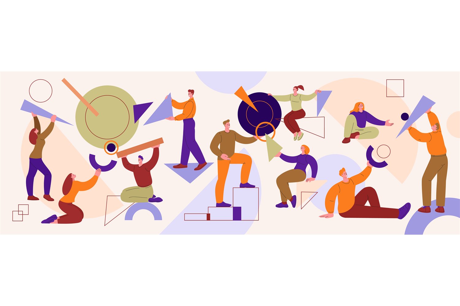 Collecting geometric shapes. Person organizing work and coll