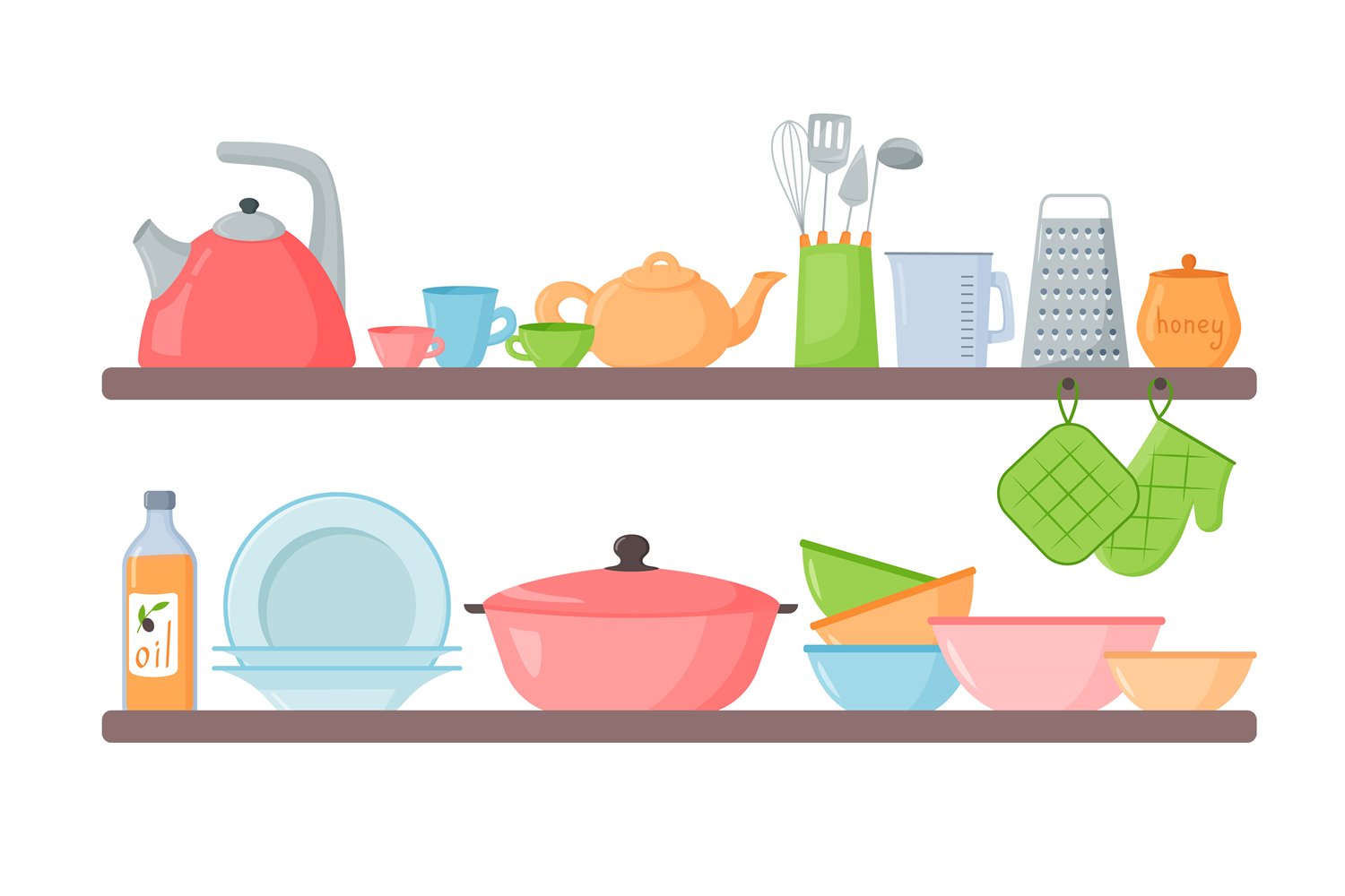 Kitchen shelves. kitchenware dishes cups and cooking devises (2203558 ...