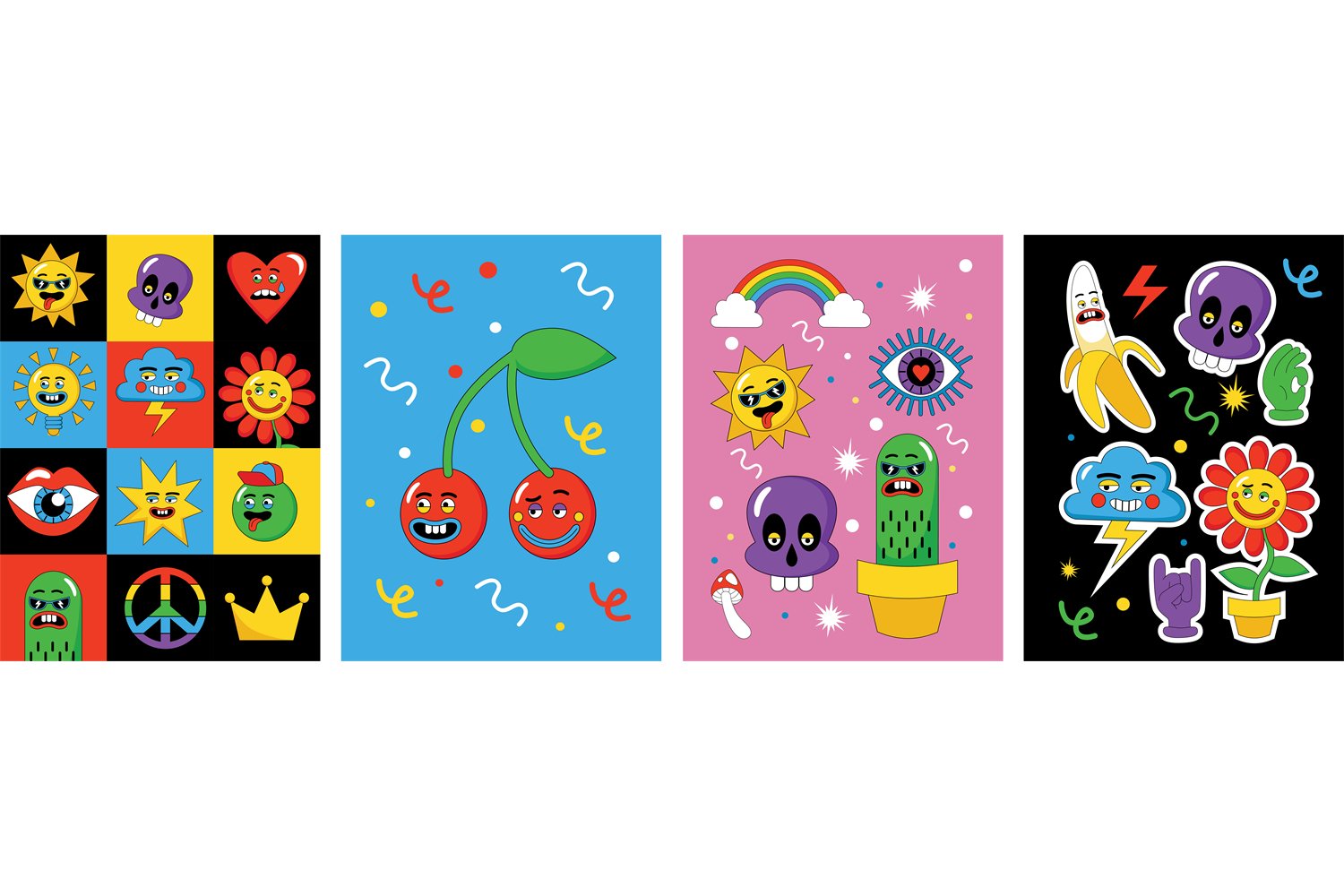 Abstract sticker posters. Cartoon banners with psychedelic e (2203518 ...