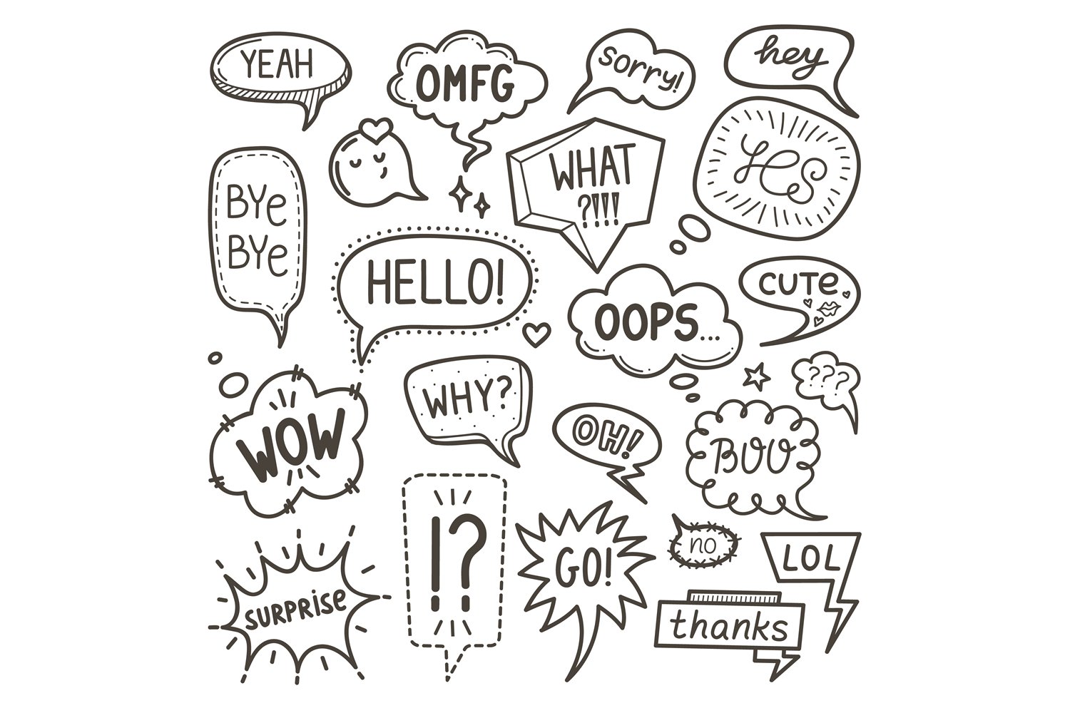 Doodle speech bubble. Cartoon comic shapes for text, cloud a