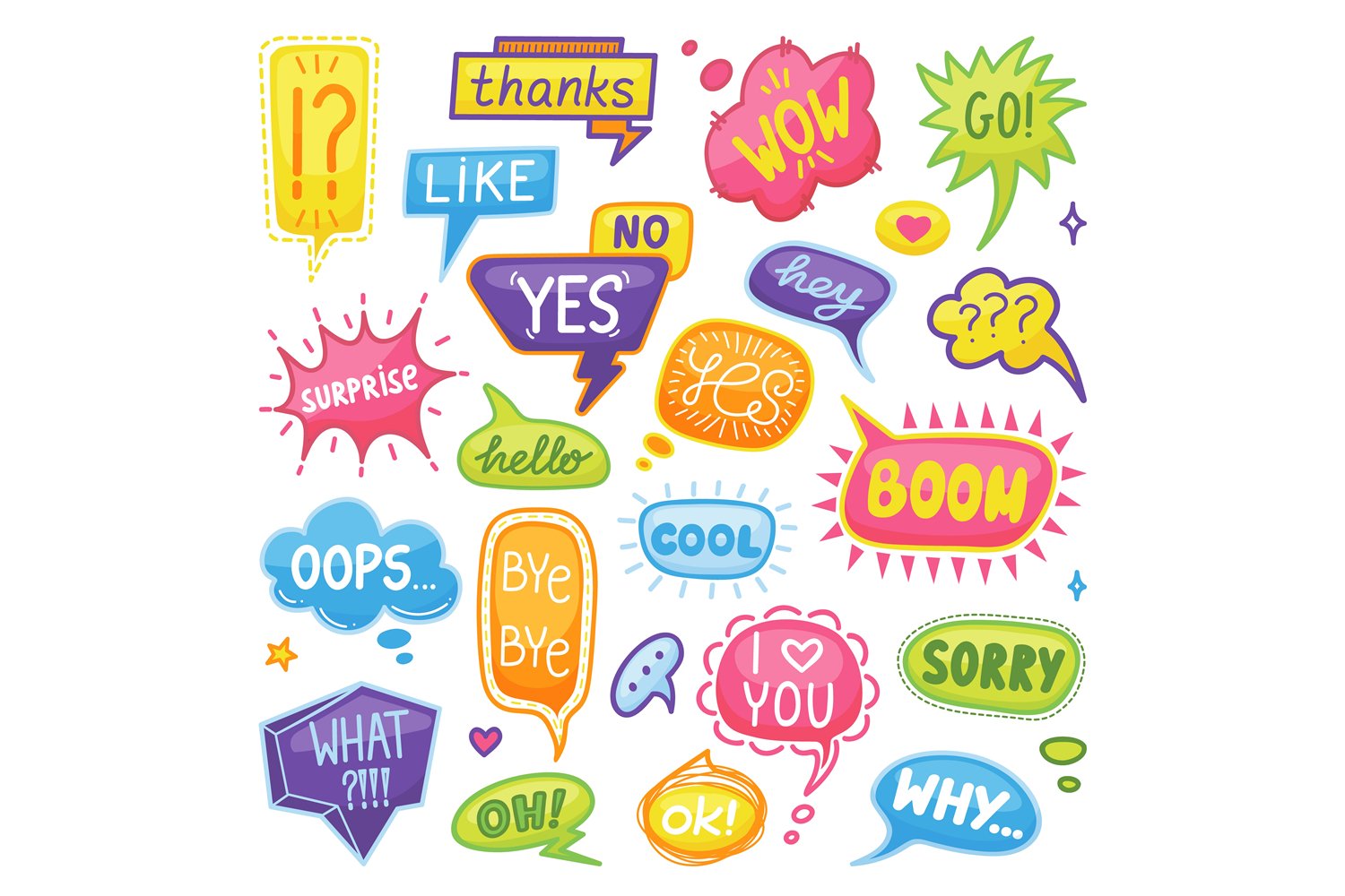 Flat cartoon text bubbles. Talk doodle stickers, bright conv (2245295 ...