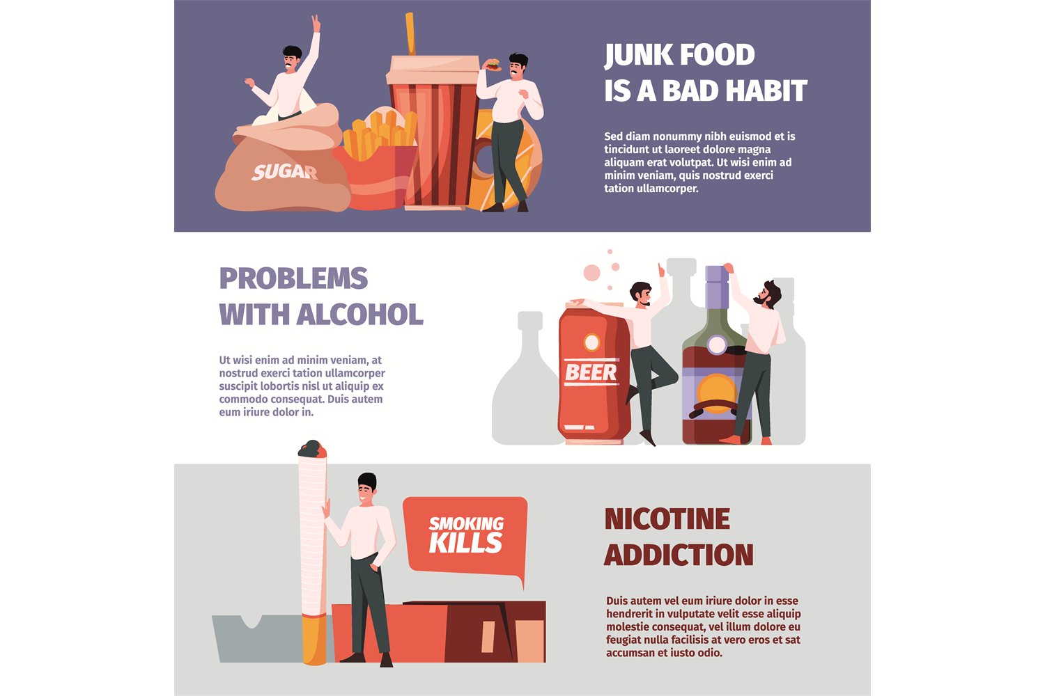 Destruction habits. Adults persons with bad addictions overe (2259384 ...